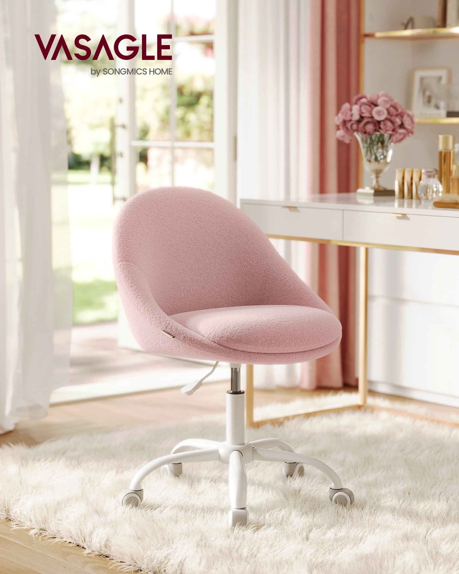 VASAGLE Adjustable Swivel Vanity Chair with Back Support - Teddy Fleece ...