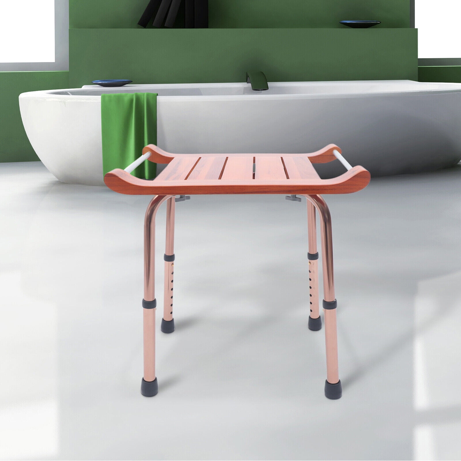 Adjustable Teak Bath Bench Stool Seat Bathroom Shower Chair W/ Handle ...