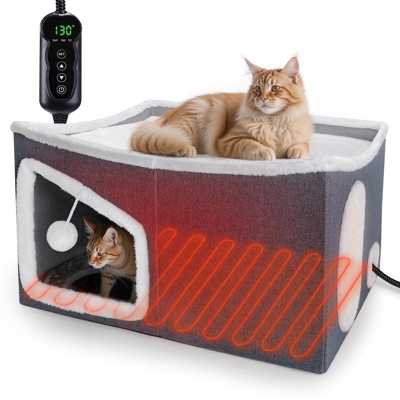 Adjustable Temperature Cat Heating Bed, Indoor Heated Cat House with ...