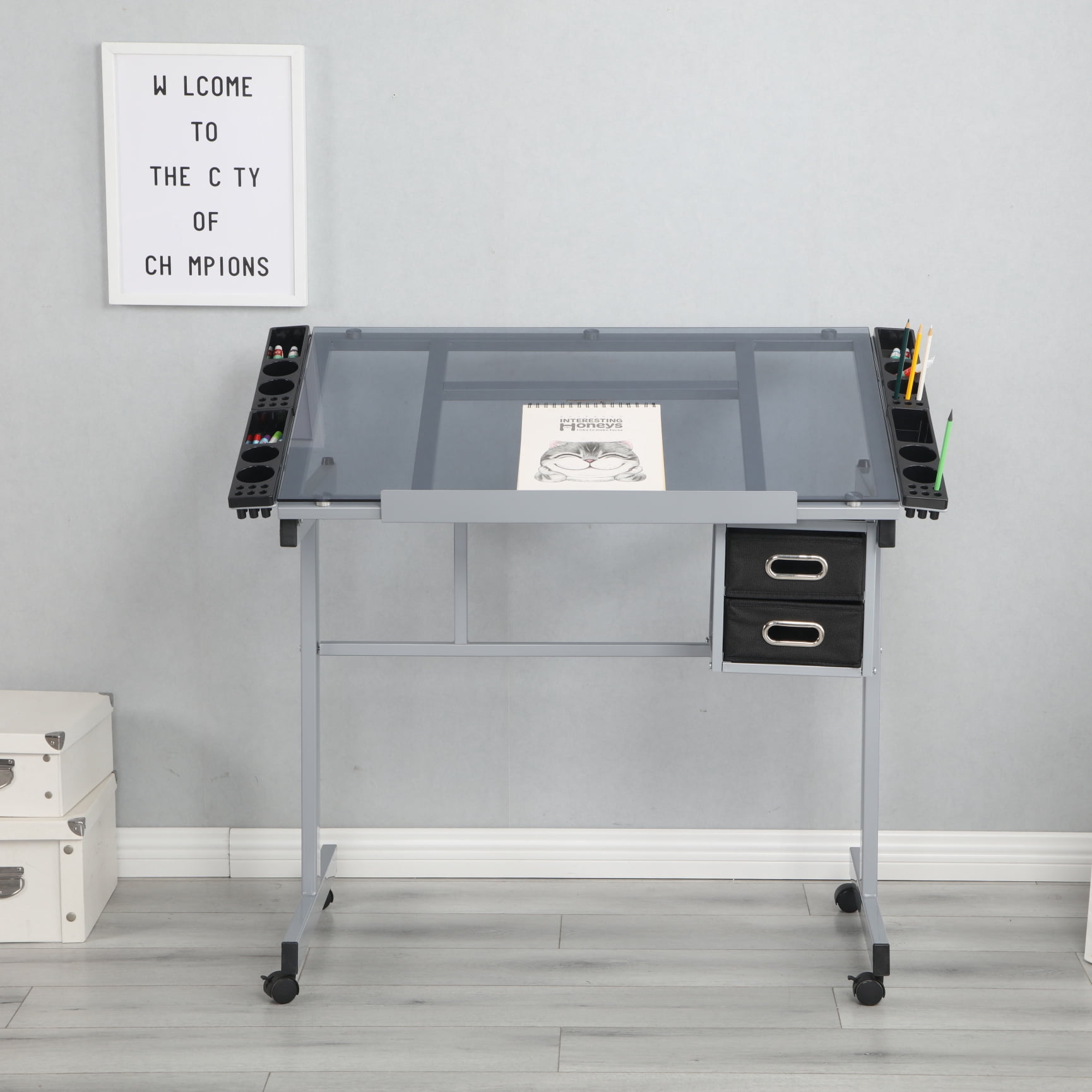 Adjustable Tilting Glass Top Art Drawing Desk with Slide-Out Ledges, 2 ...