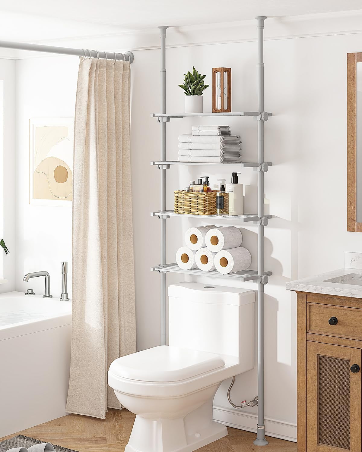 Adjustable Over The Toilet Storage Shelf, 4-Tier Ample Over Toilet ...