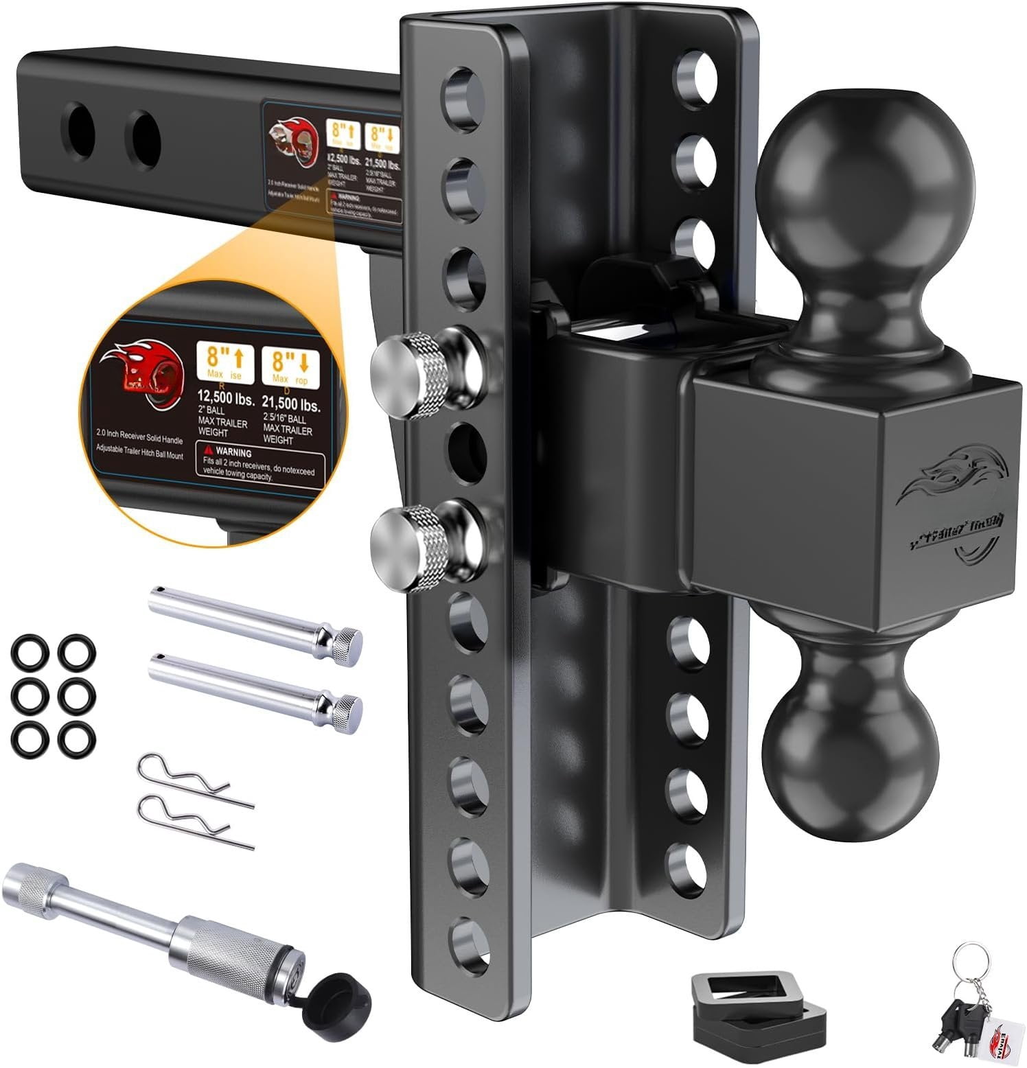 Adjustable Trailer Hitch -Drop Hitch (Fits 2-Inch Receiver) -8" Drop ...