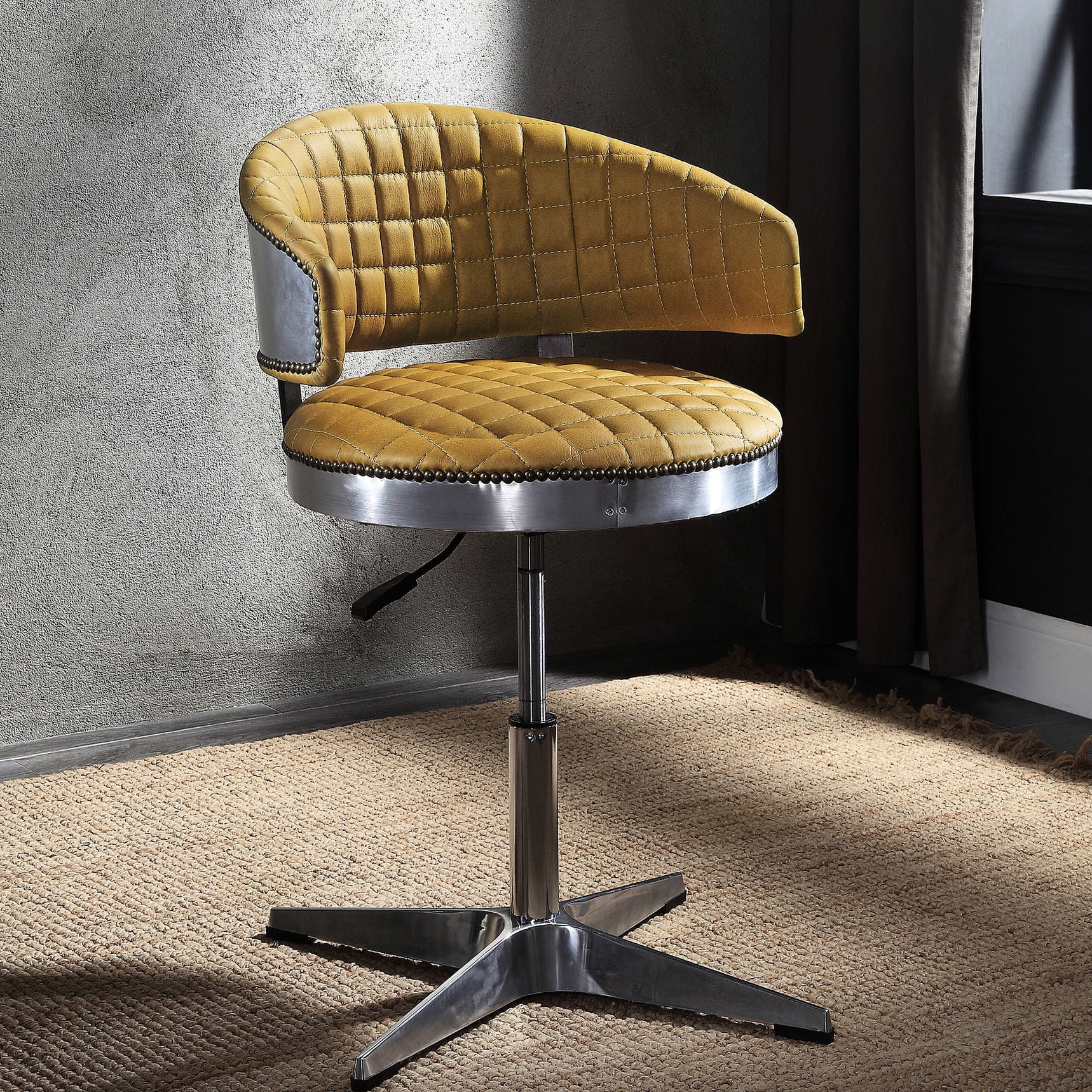 Adjustable Turmeric Top Grain Leather Swivel Stool with Chrome Base ...
