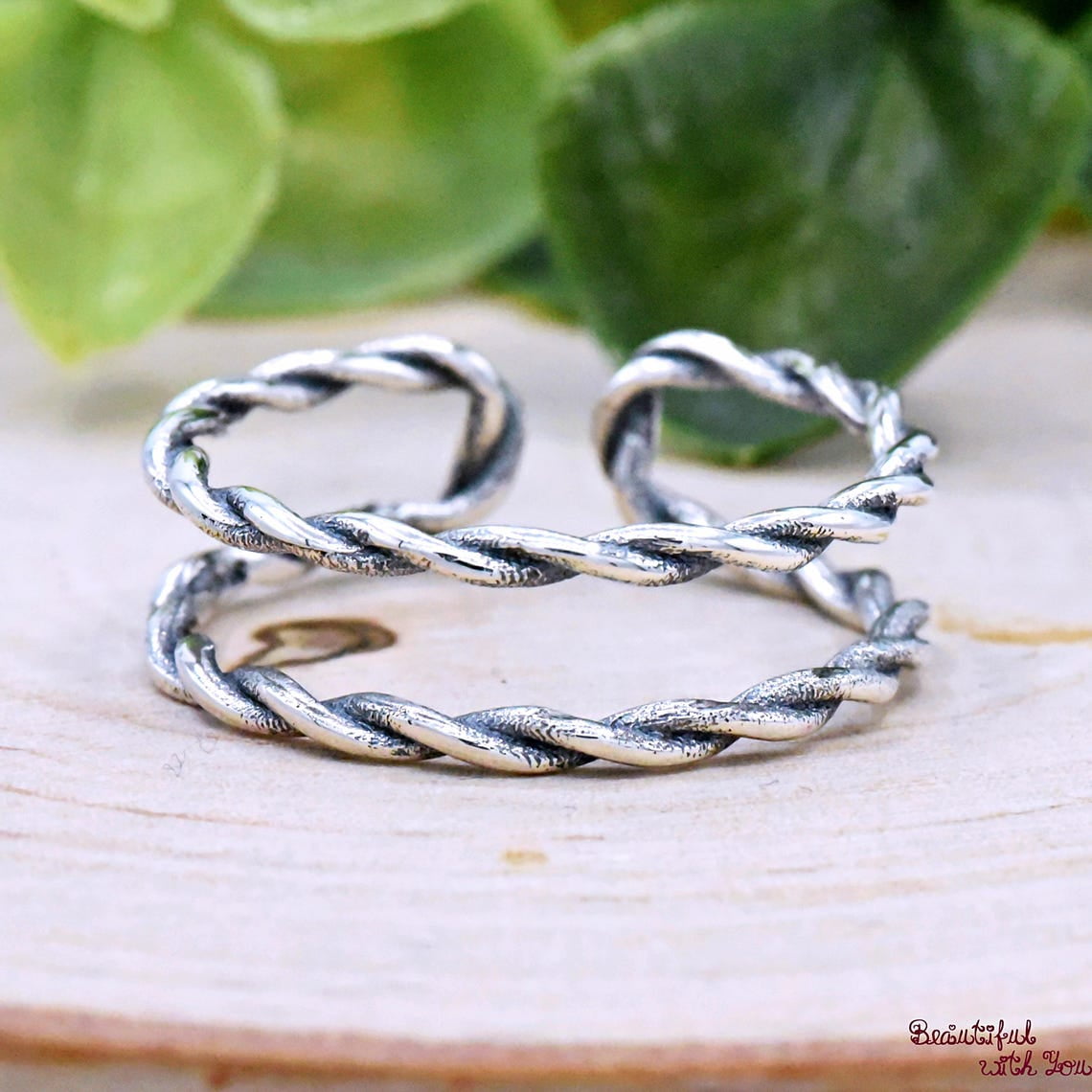 Adjustable Twisted Rope Midi Ring for Women, Double Layered Open Ring in Oxidized 925 Sterling ...