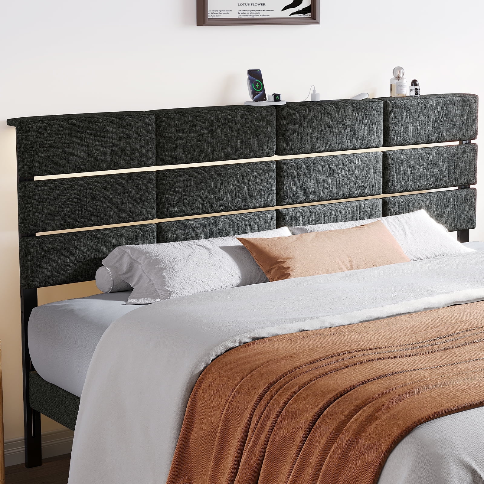 Adjustable Upholstered Headboard for Full/Queen Beds, Linen Fabric, RGB ...