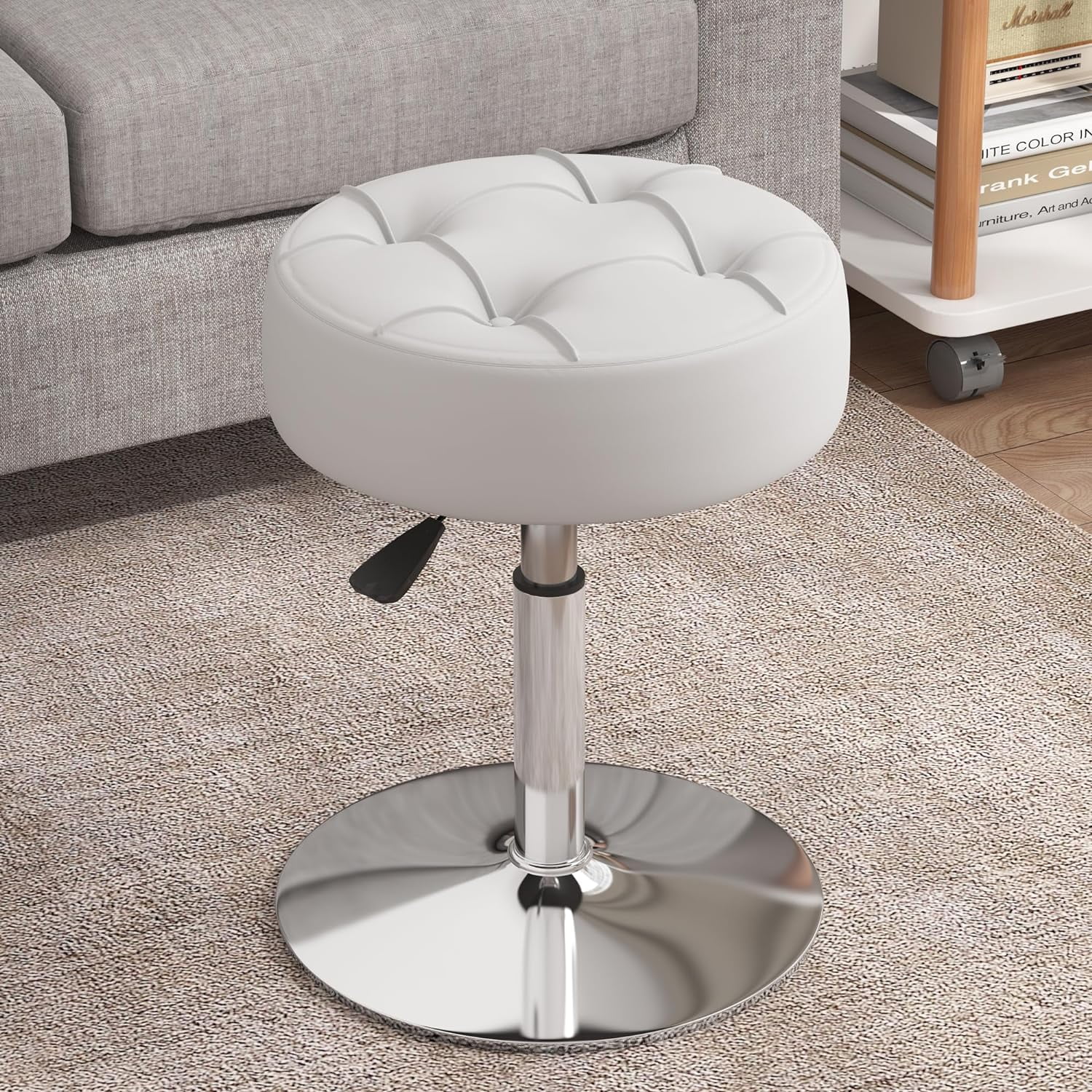 Adjustable Vanity Stool, White Faux Leather Vanity Chair for Bedroom ...