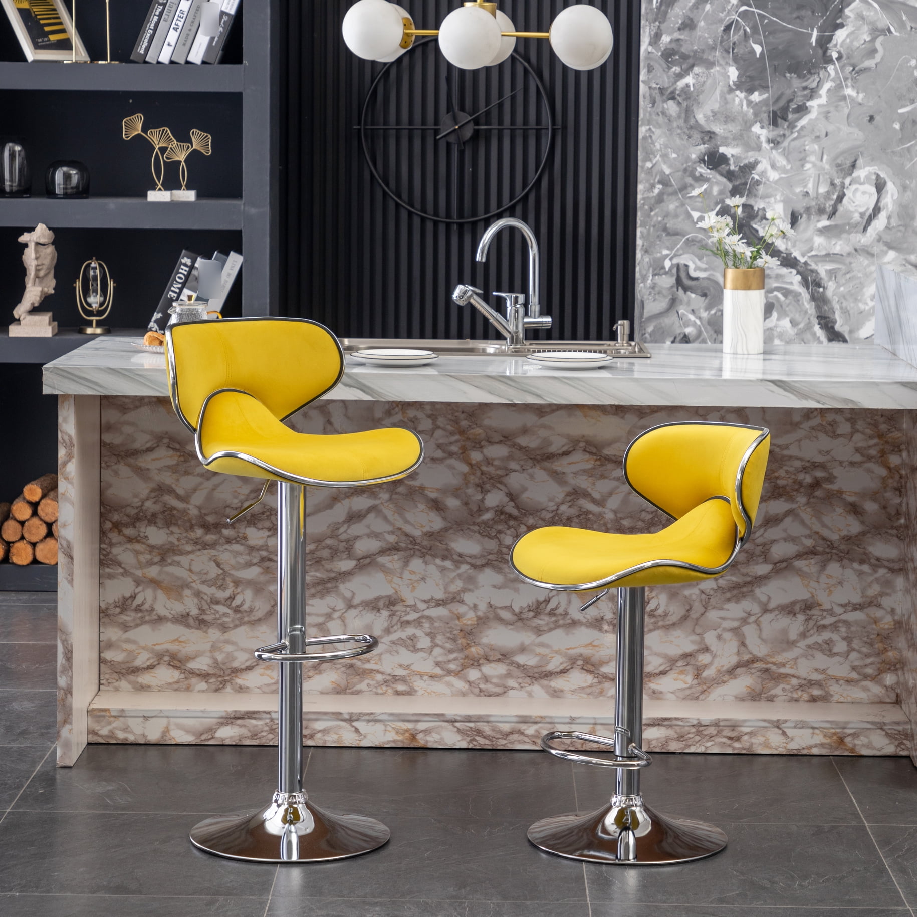 Adjustable Velvet Swivel Stools / Set of 2, High - Density Foam, Chrome ...