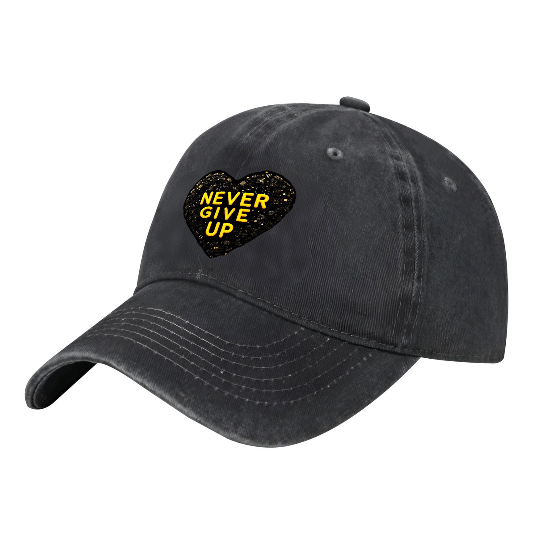 Adjustable Vintage Cotton Washed Distressed Baseball Cap - Black with Yellow Heart & ' NEVER ...