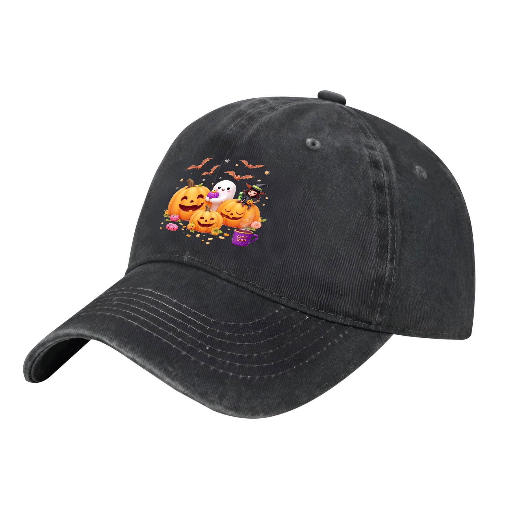 Adjustable Vintage Cotton Washed Distressed Baseball Cap - Fun Cartoon Pumpkin Design with ...