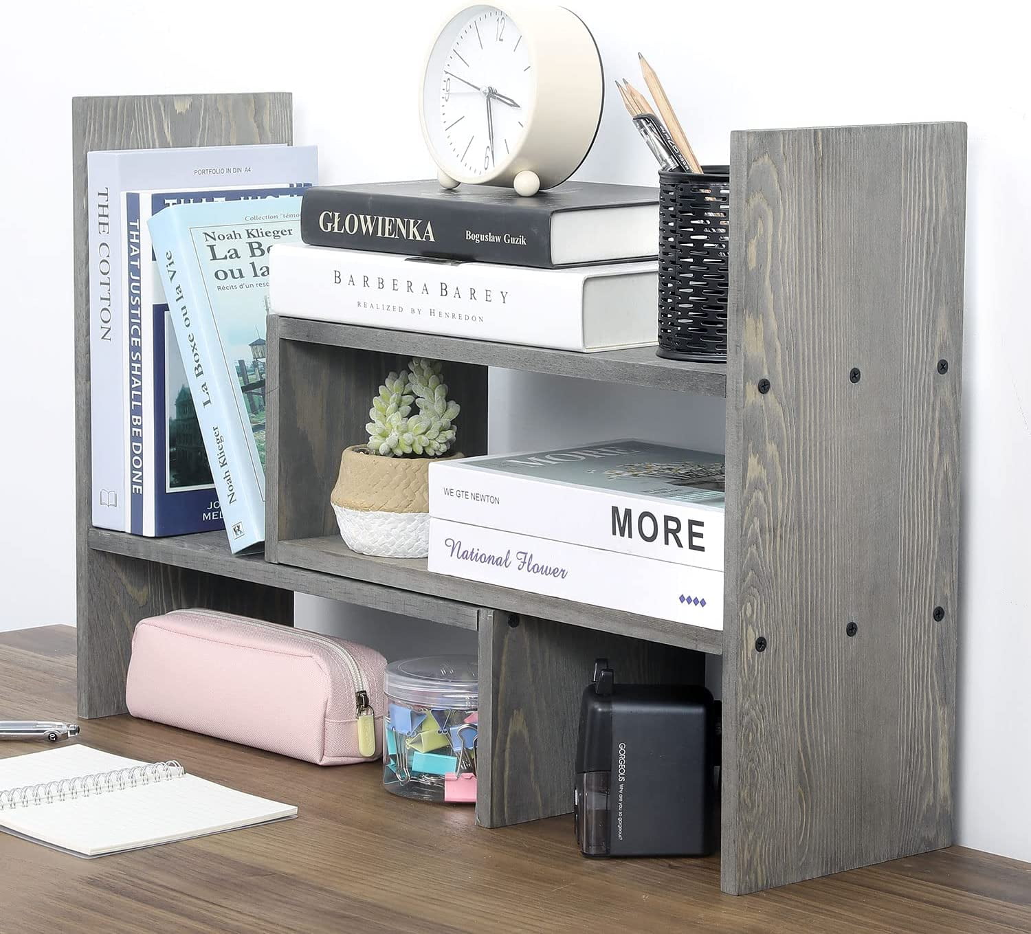 Adjustable Vintage Stone Gray Solid Wood Desktop Storage Organizer ...