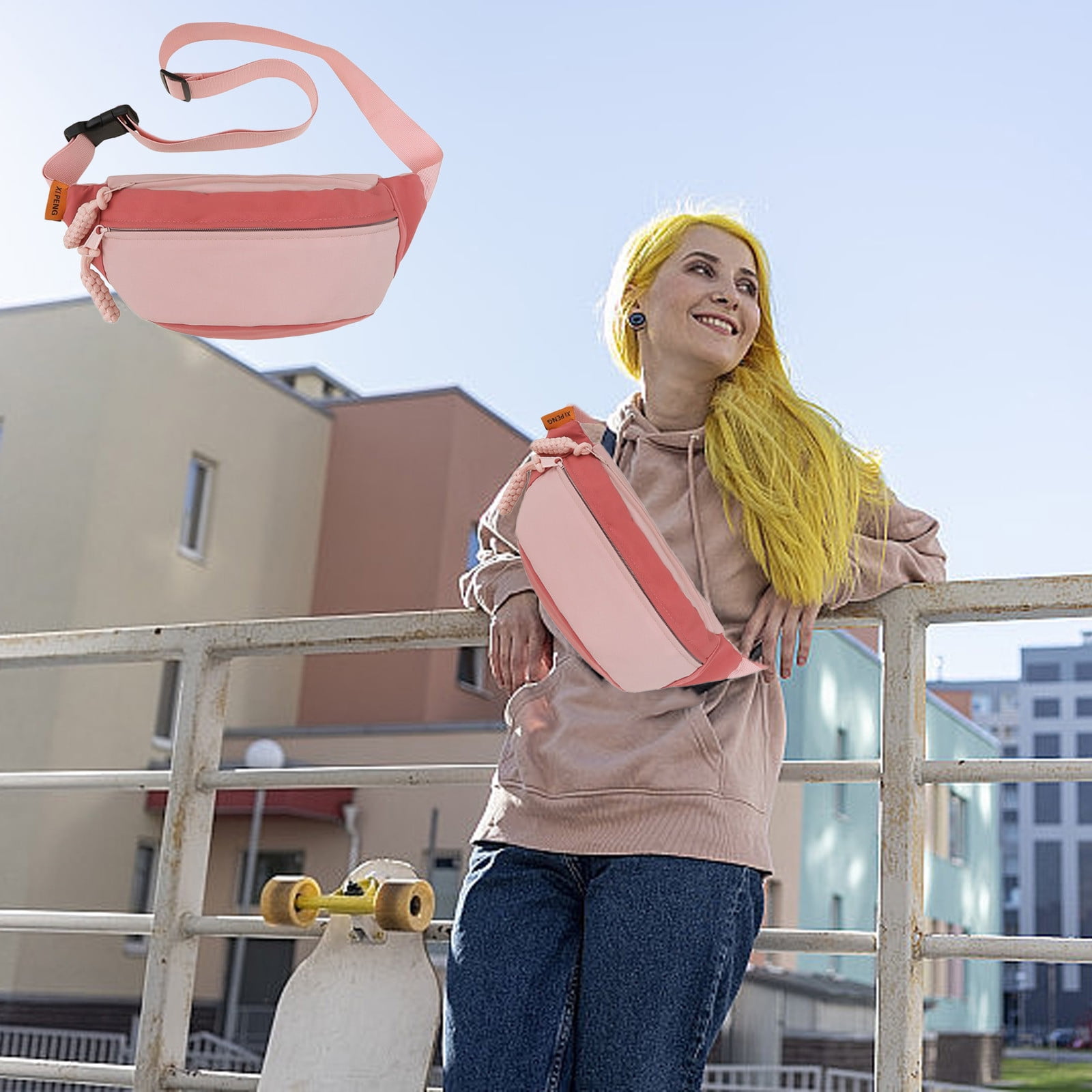 Adjustable Waist Bag with Large Zipper Pocket - 33x15x11cm Crossbody ...