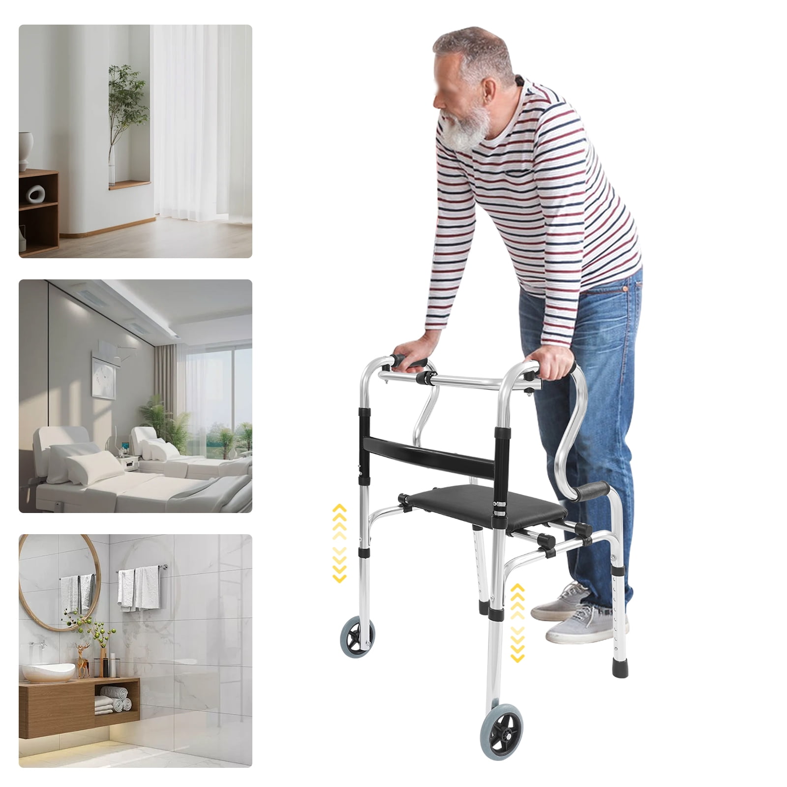 Adjustable Walker with Wheels, Foldable Walker for Seniors, Stand Up ...