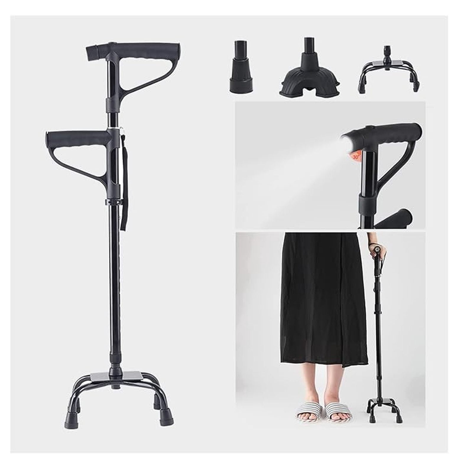 Adjustable Walking Cane with Light,with 4-Pronged feet，Adjustable from ...