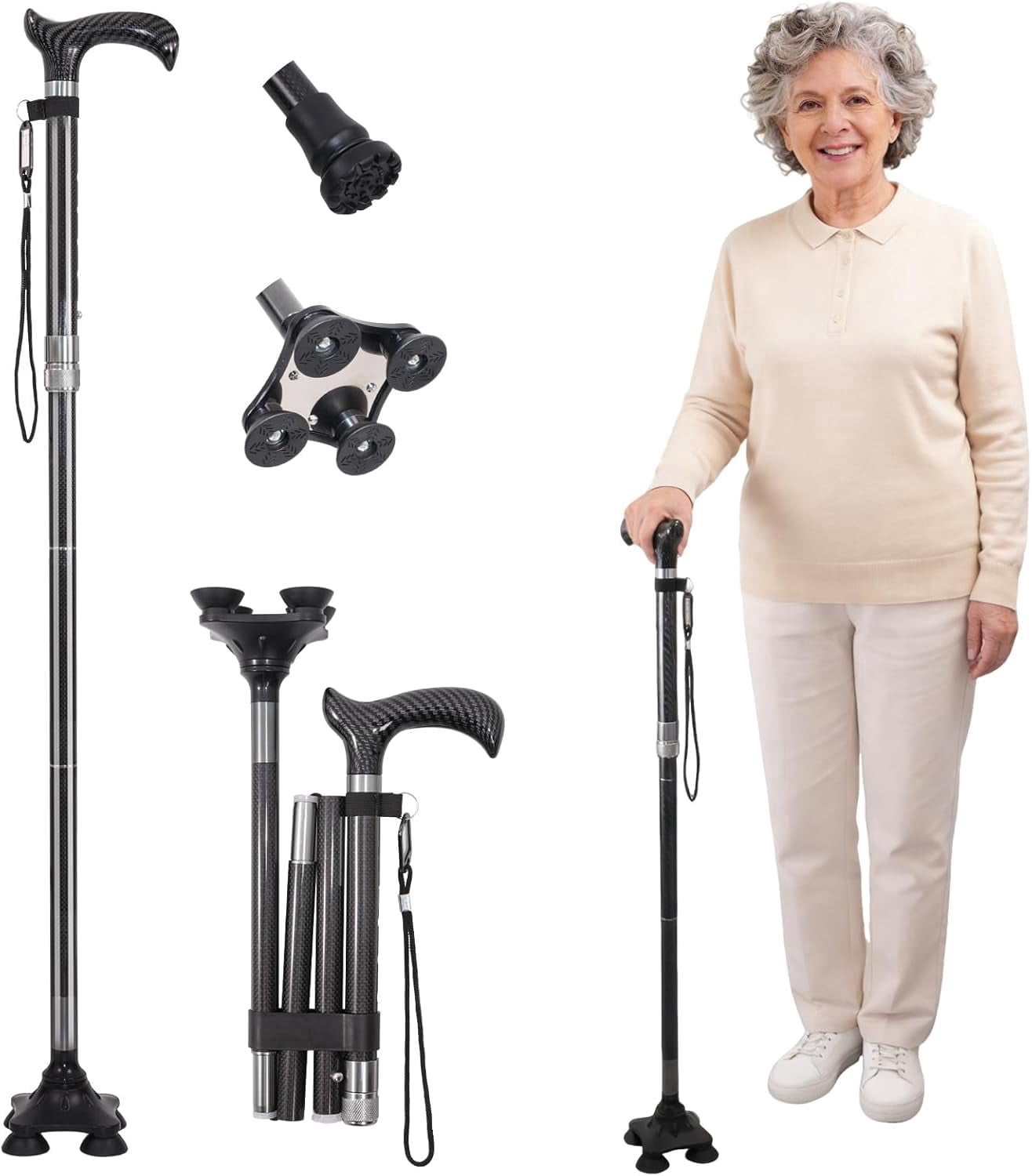 Adjustable Walking Cane for Men & Women, Premium Carbon Fiber Black ...