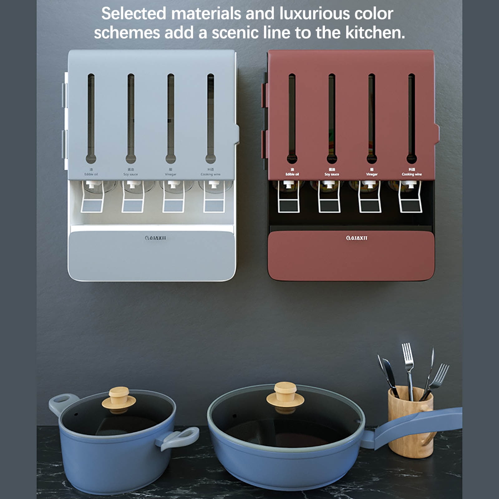 Adjustable Wall-Mount Kitchen Spice Organizer Rack - Press-Tap Oil Vinegar Bottle Holder ...