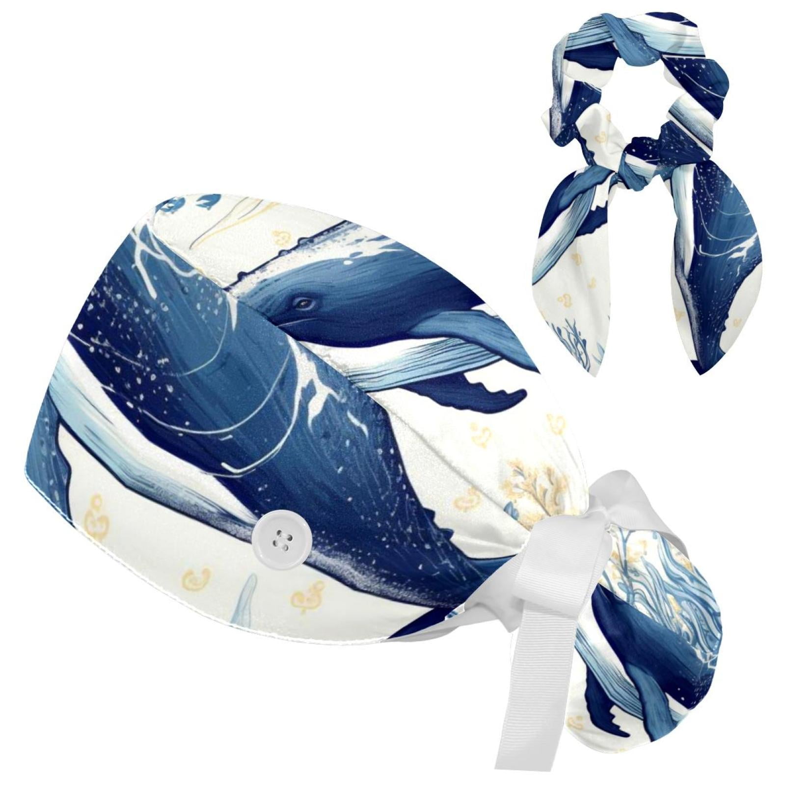 Adjustable Whale Scrub Cap, Working Hat Hair Cover with Ponytail Pouch ...