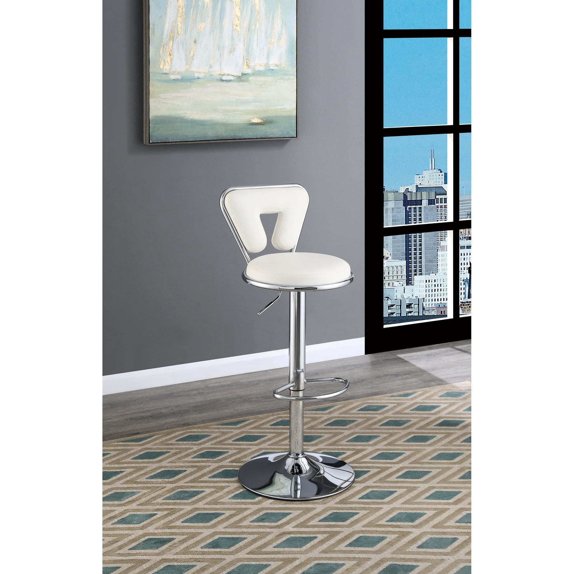 Adjustable White Bar Stool Chairs / Faux Leather Seats, Chrome Metal ...