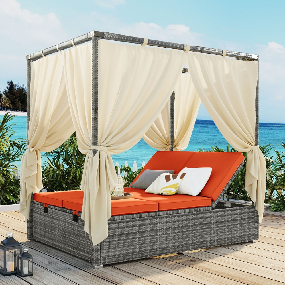 Adjustable Wicker Sun Bed With Curtain, Outdoor Sunbed with Adjustable ...