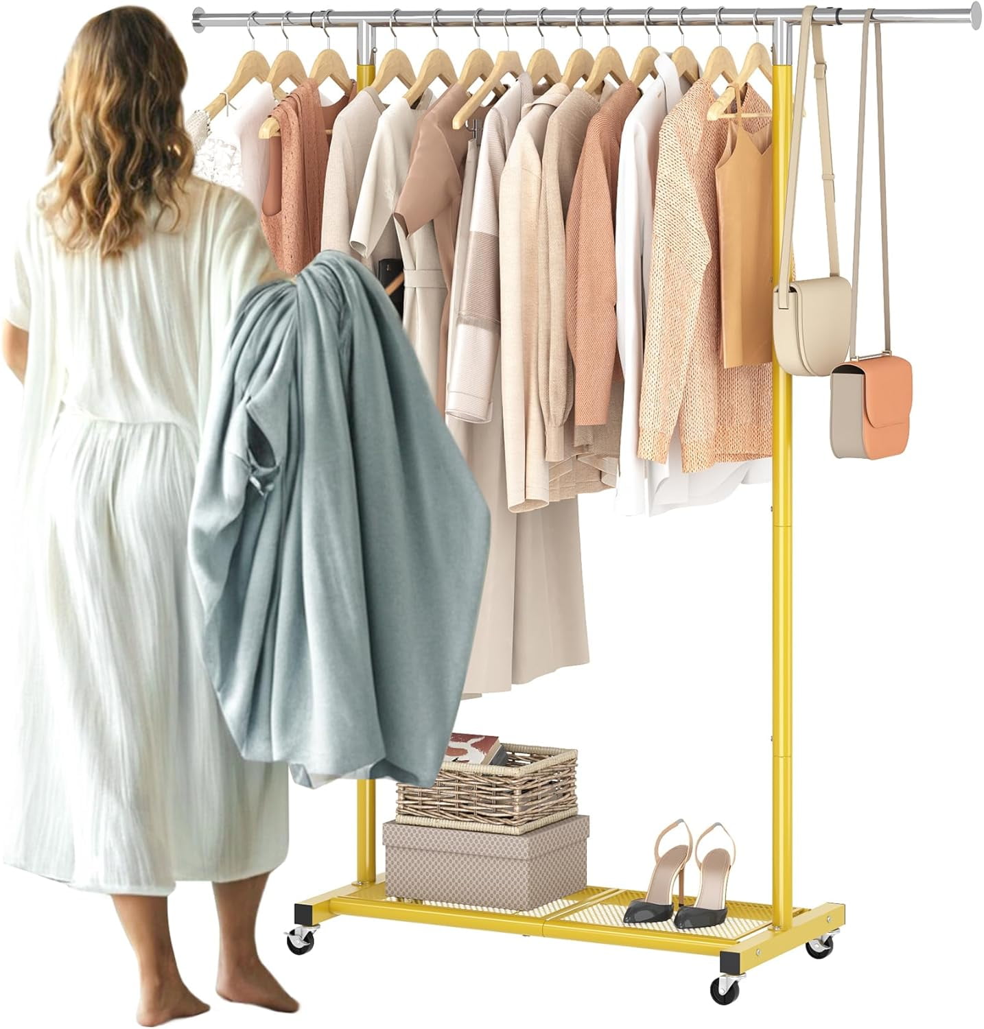 Adjustable Width Rolling Garment Rack with Shelf - Mobile Clothing ...