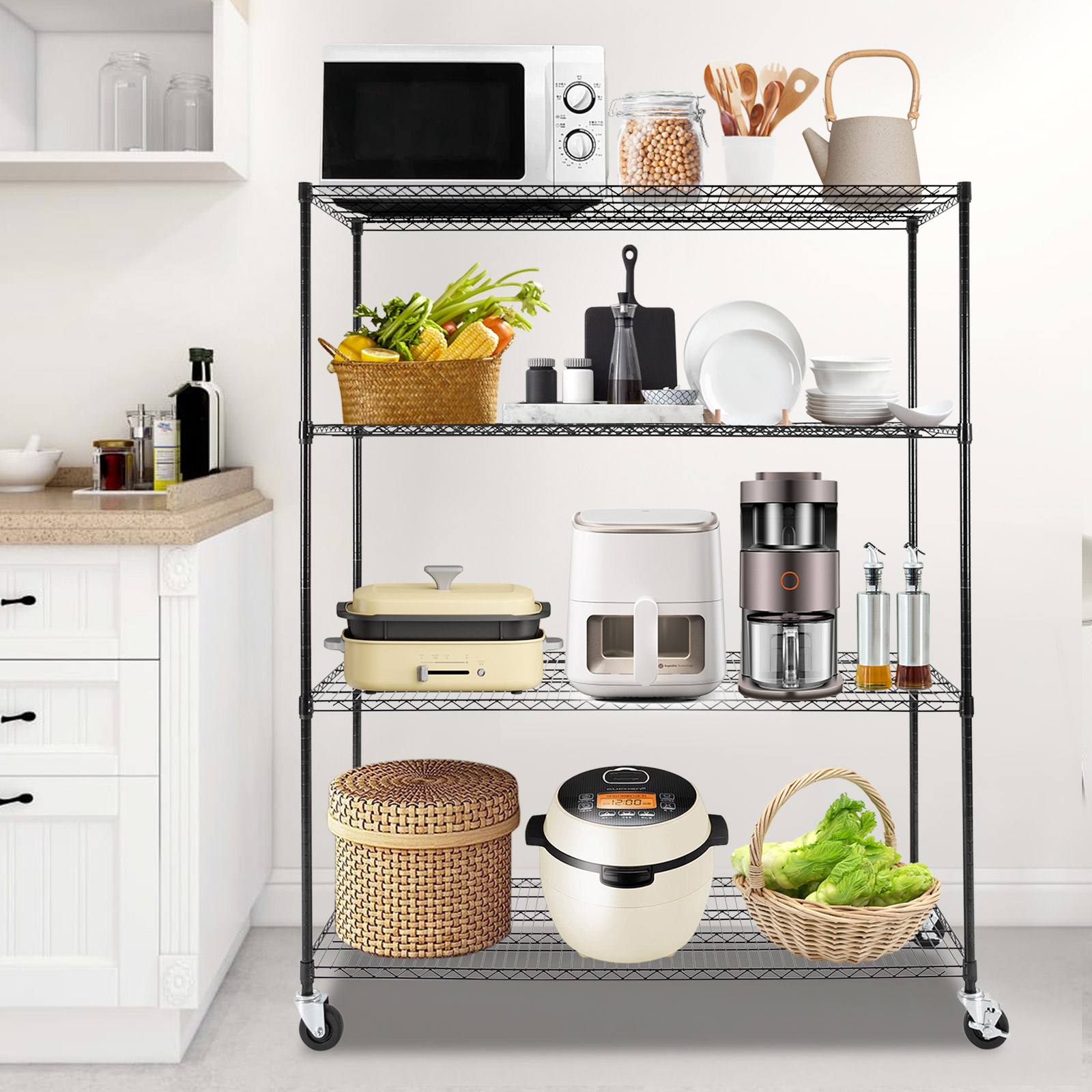 Adjustable Wire Shelving with Wheels, 4-Tier Storage Shelf, Adjustable ...