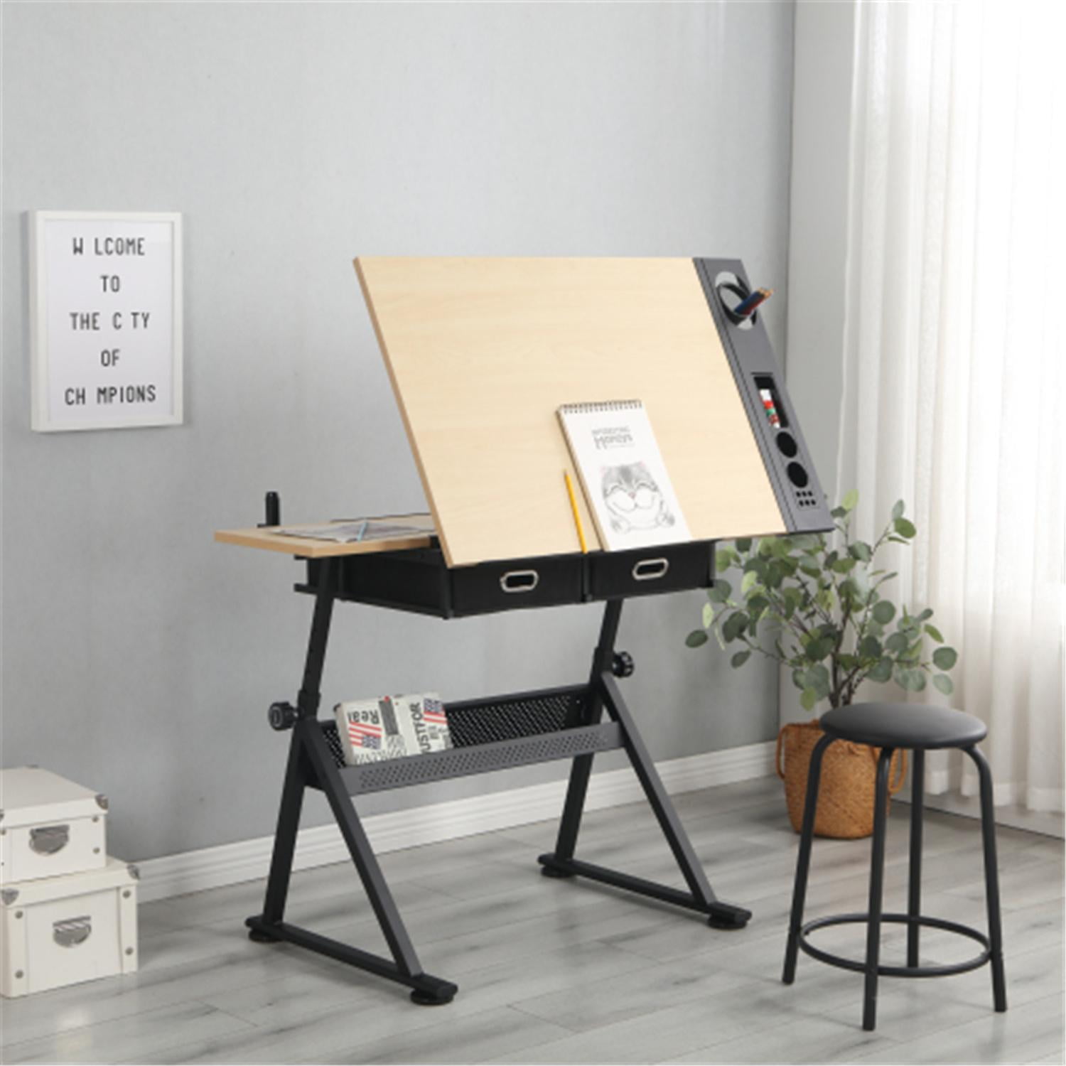 Adjustable Wood Drawing Drafting Table Desk with 2 Drawers for Home ...