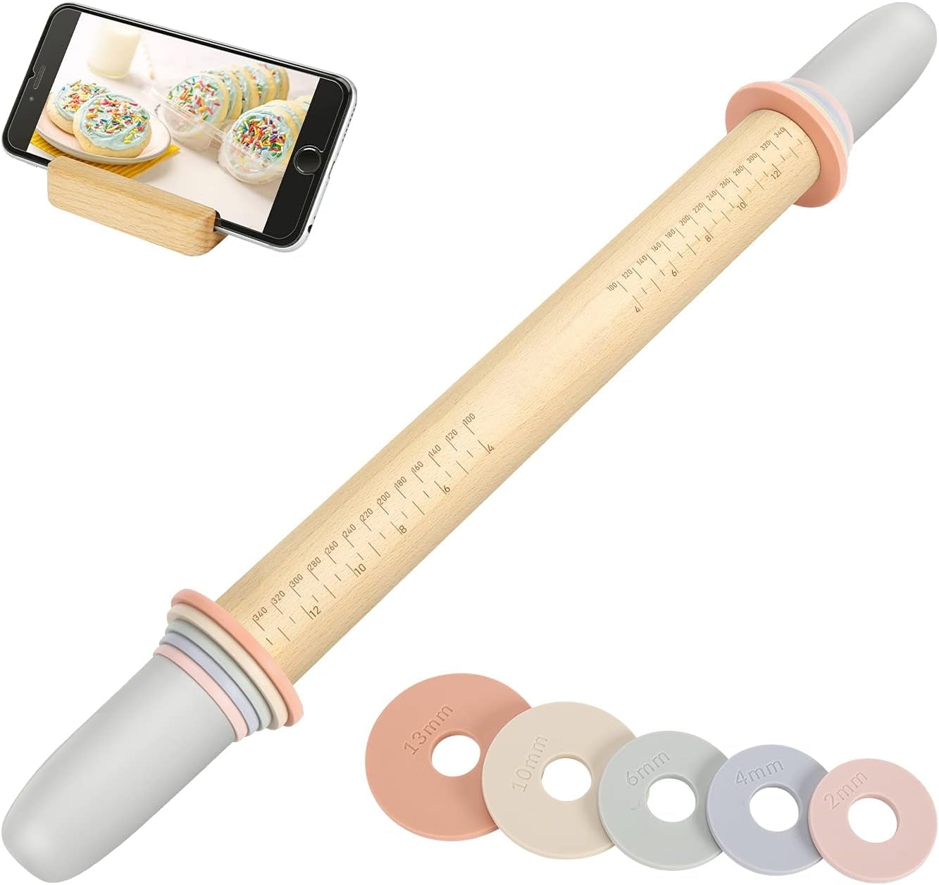 Adjustable Wood Rolling Pin with 5 Thickness Rings, Precise Dough ...