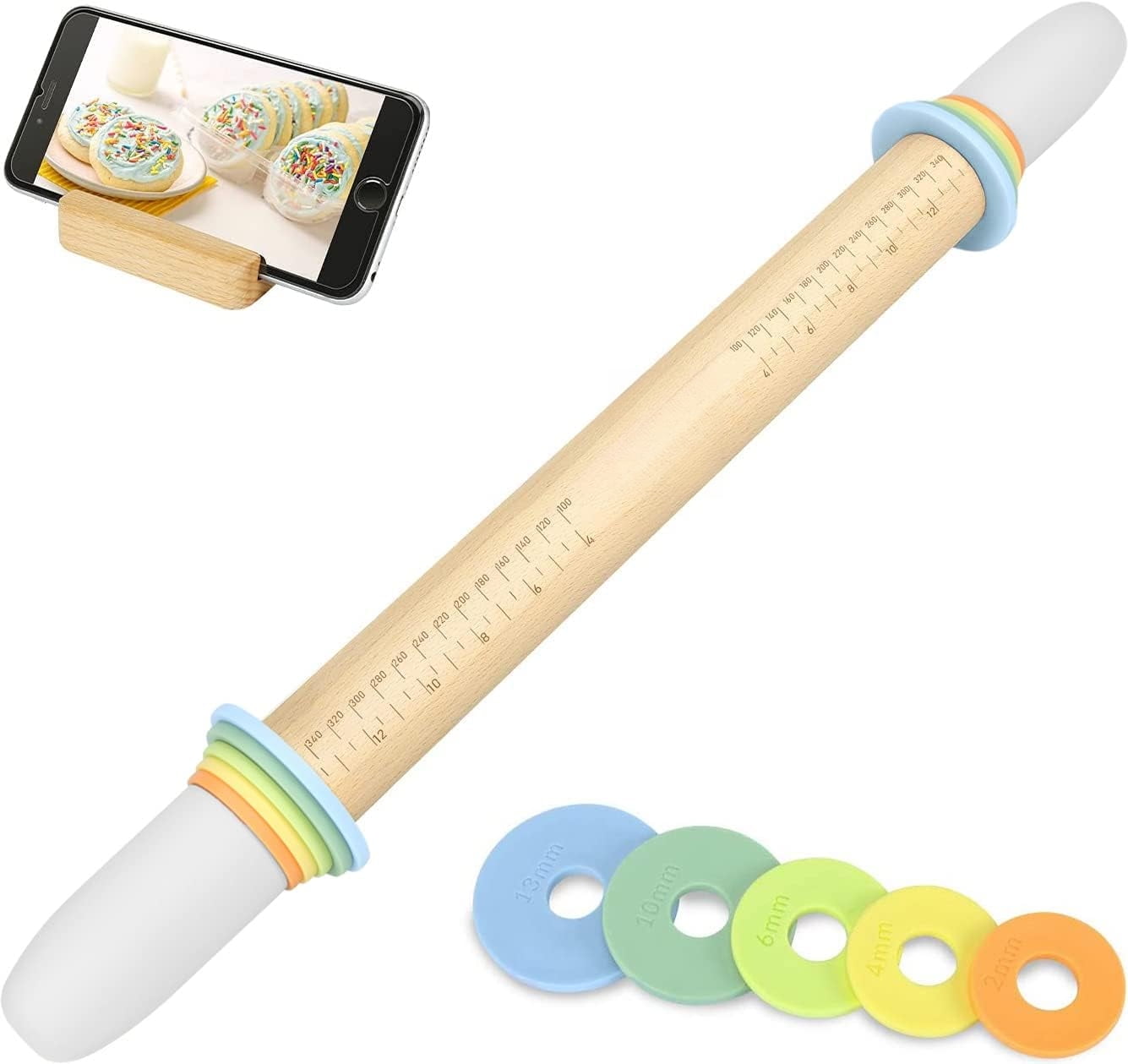 Adjustable Wood Rolling Pin with 5 Thickness Rings, Precise Dough ...