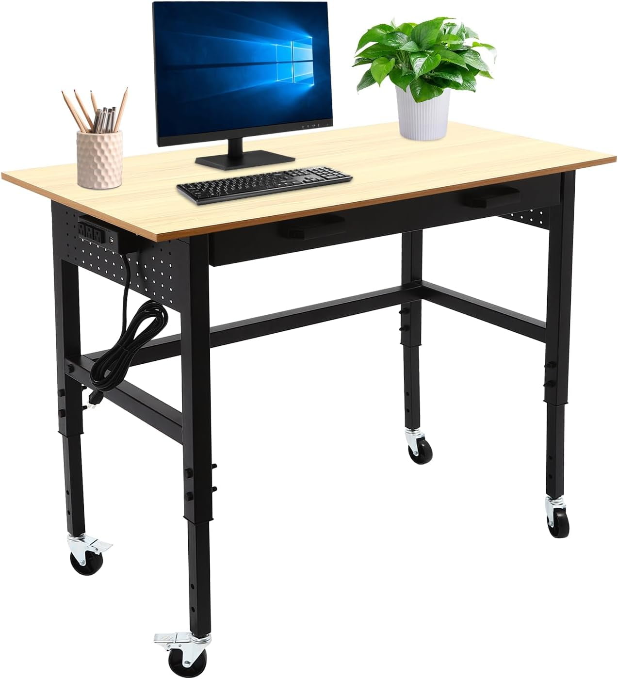 Adjustable Workbench with Power Outlets, 47" L X 24" W Hardwood ...