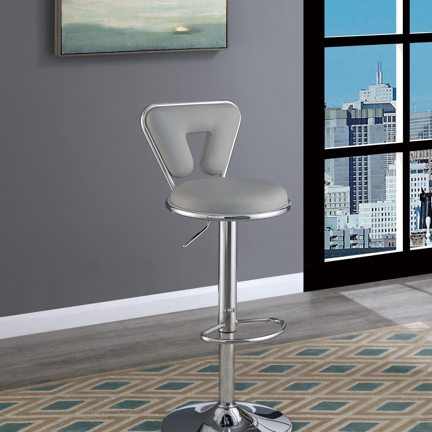 Adjustable stool Gas lift Chair Gray Faux Leather Chrome Base metal ...
