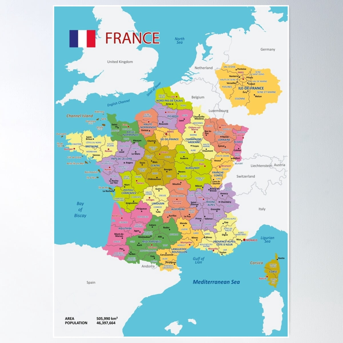 Administrative Map of France Poster, 16x24 UNFRAMED - Walmart.com