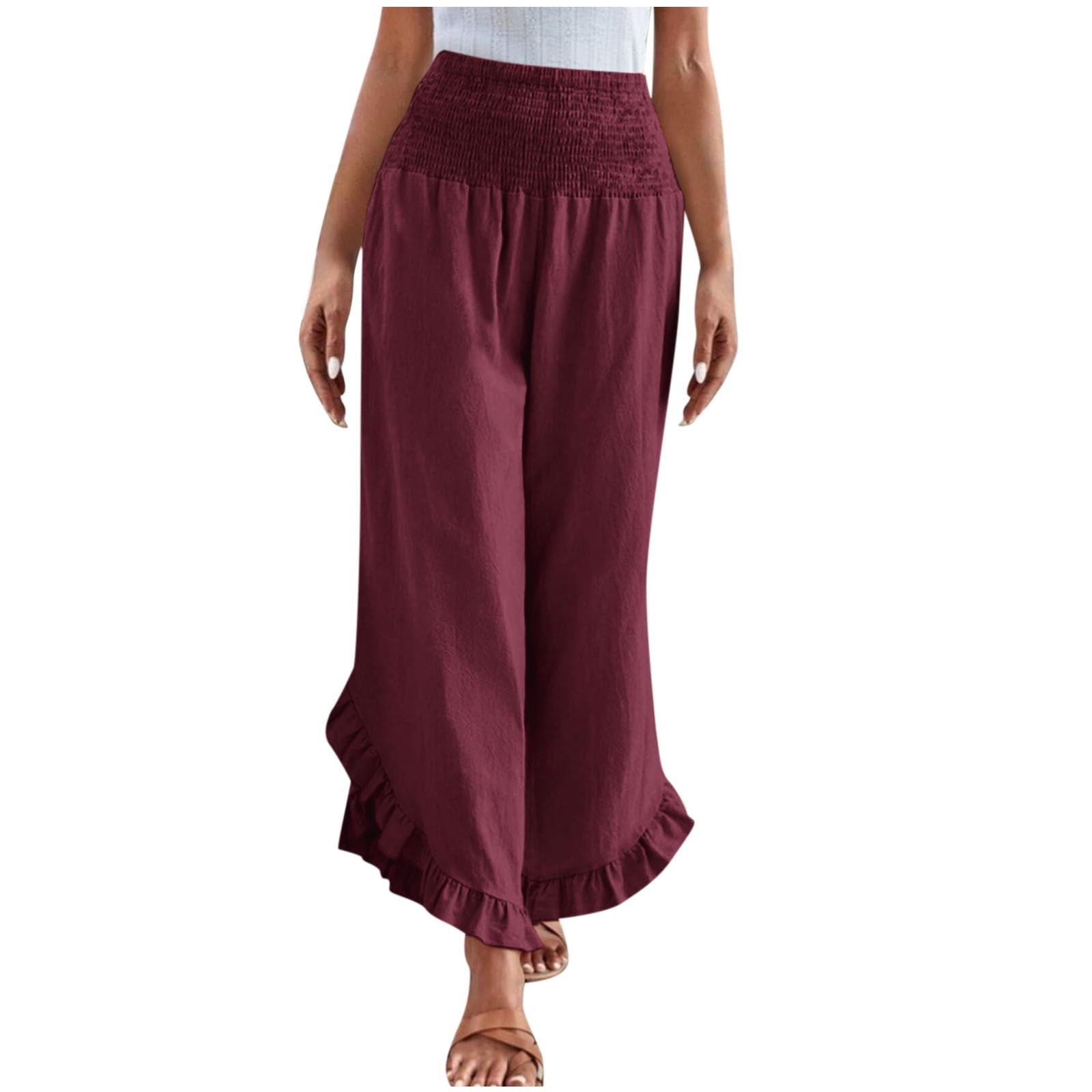 Admvng Capris Pants for Women Fashion Solid Color Ruffle Elastic High ...