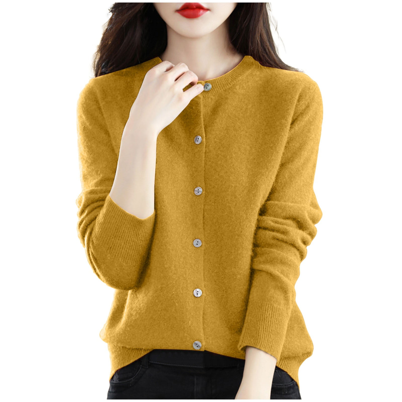 Admvng Cardigan Sweaters for Women Solid Color Long Sleeved Round Neck ...