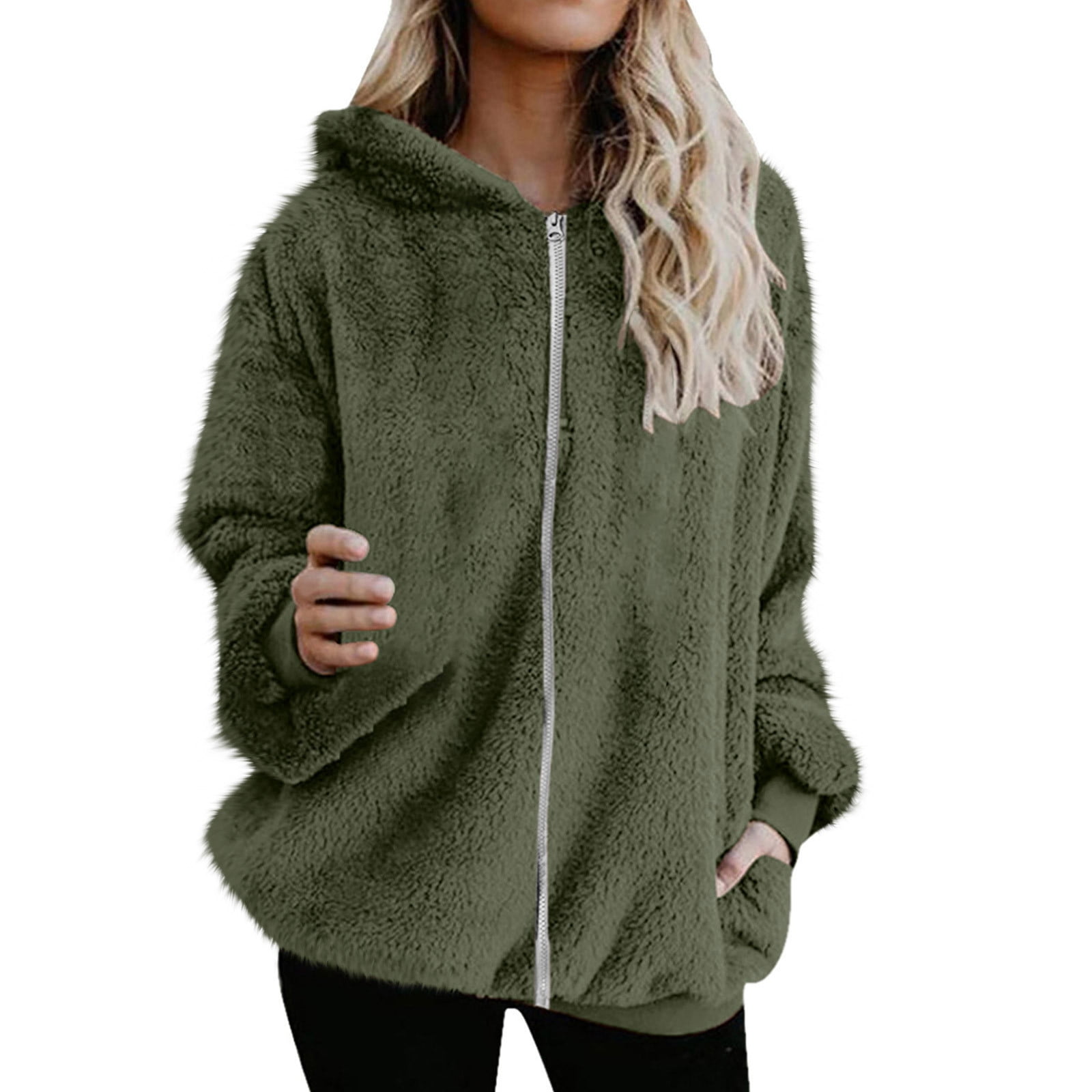 Admvng Coats for Women Plus Size Sherpa Fall Zipper Hooded Jacket Loose ...