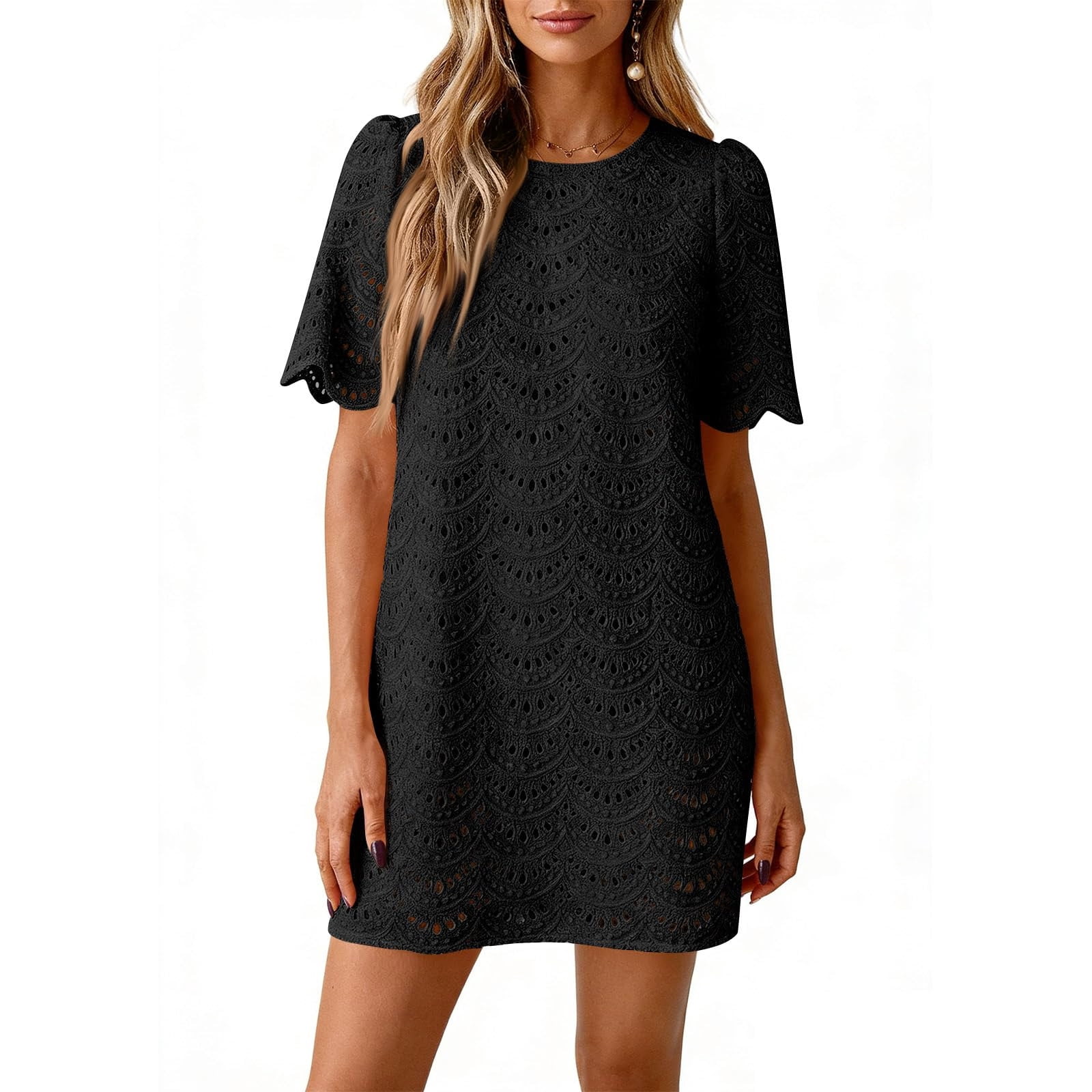 Admvng Dresses Women Eyelet Lace Round Neck Short Sleeve Casual Summer ...