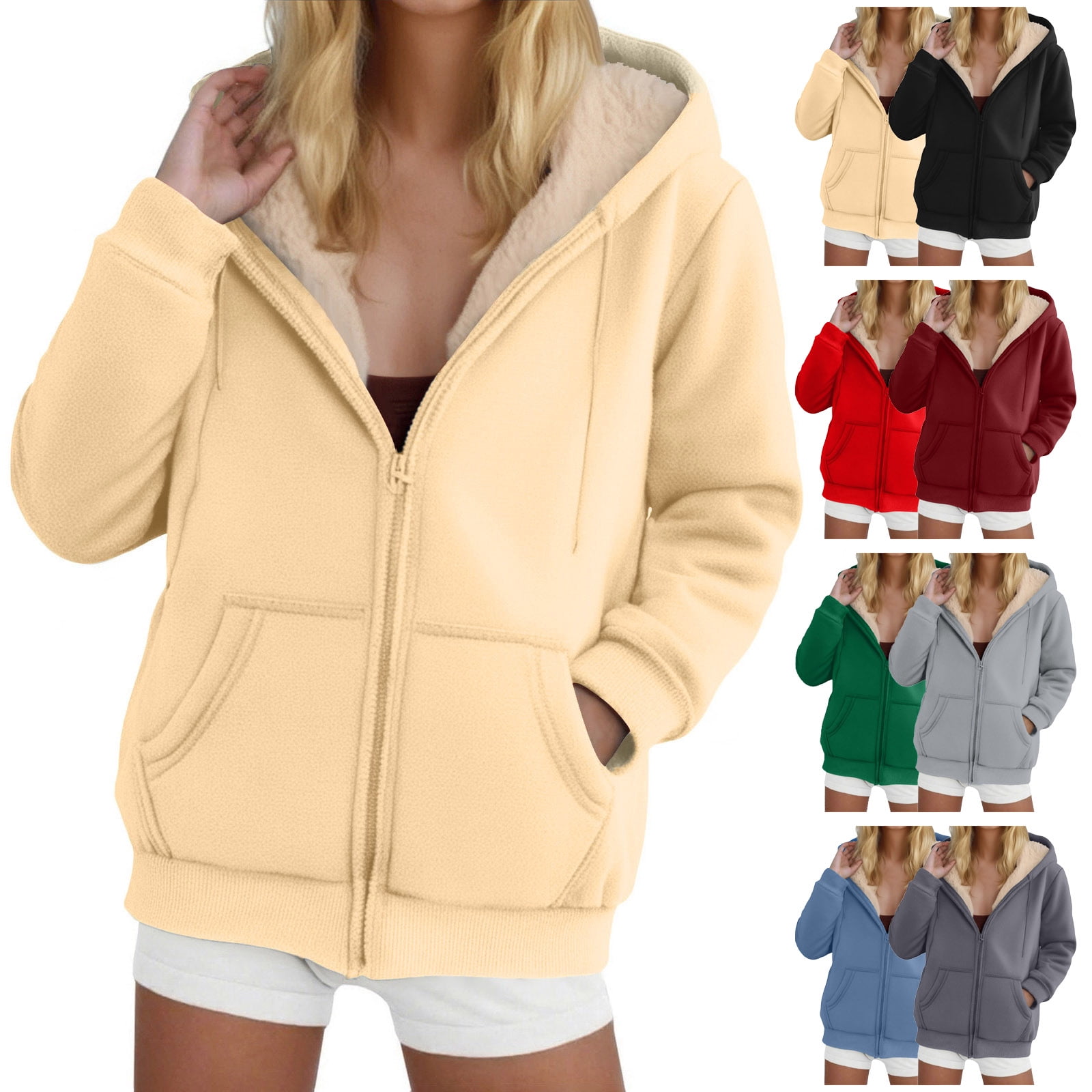 Admvng Fleece Jacket Women Winter Warm Casual Long Sleeve Hooded Solid ...