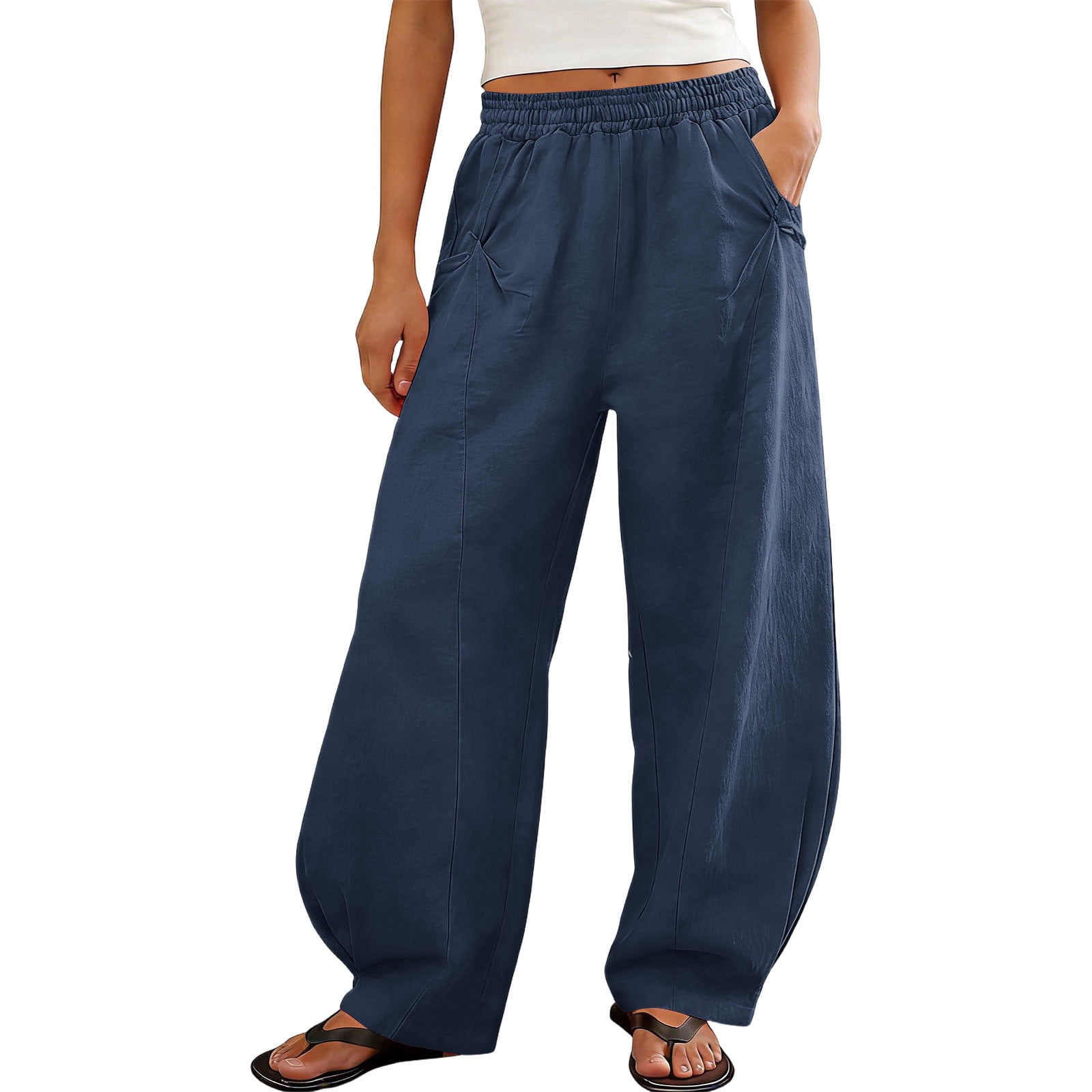 Admvng Harem Pants for Women Elastic Waist Casual Linen Trousers with ...
