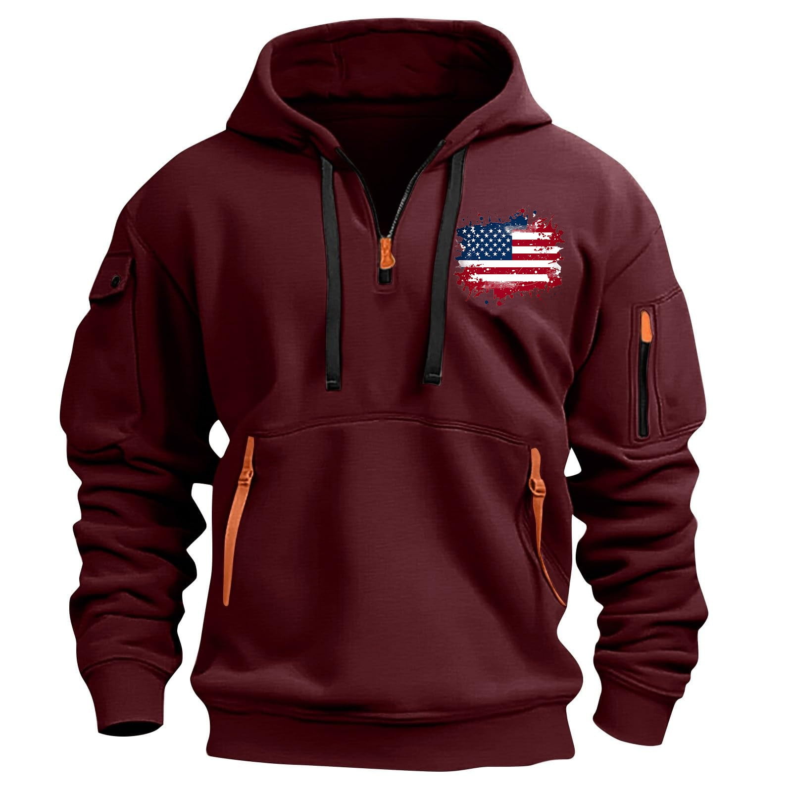 Admvng Hoodie for Men Print Half Zip Cargo Pockets Drawstring Hood Soft ...