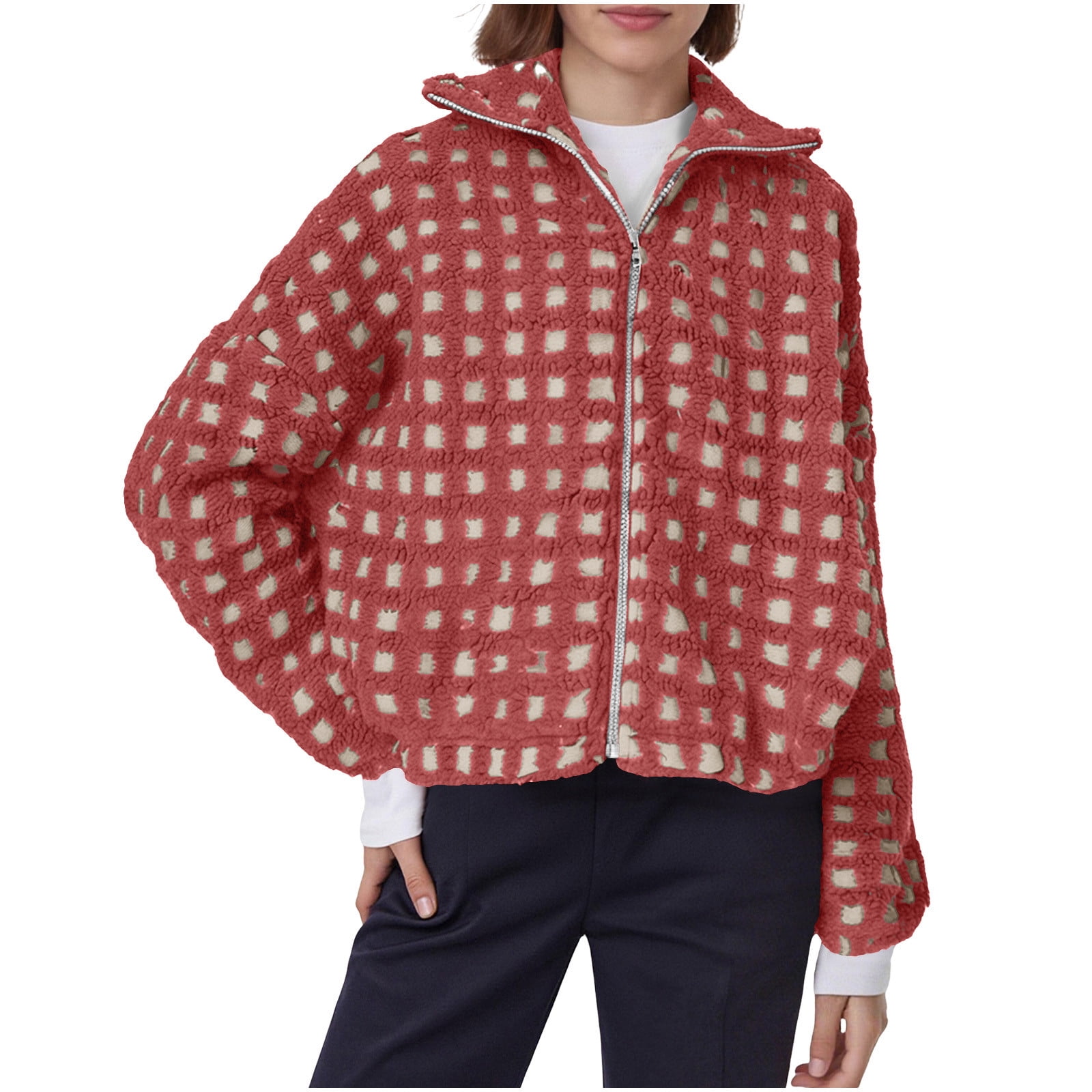 Admvng Jackets for Women Long Sleeve Casual Checkered Fleece Short ...