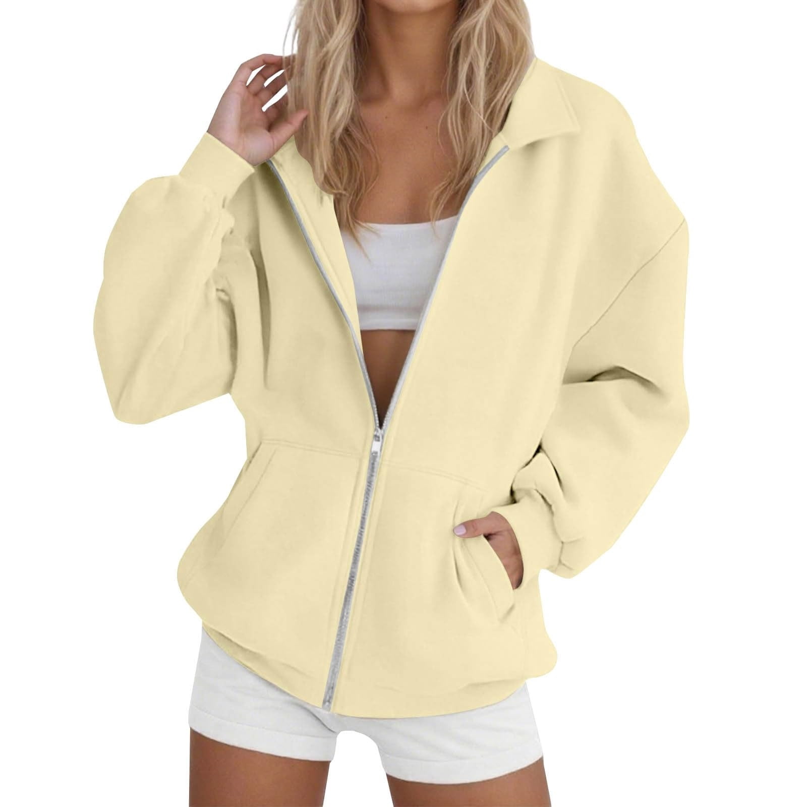 Admvng Jackets for Women Zip Up Hoodies Fall Fashion Turn Down Collar ...