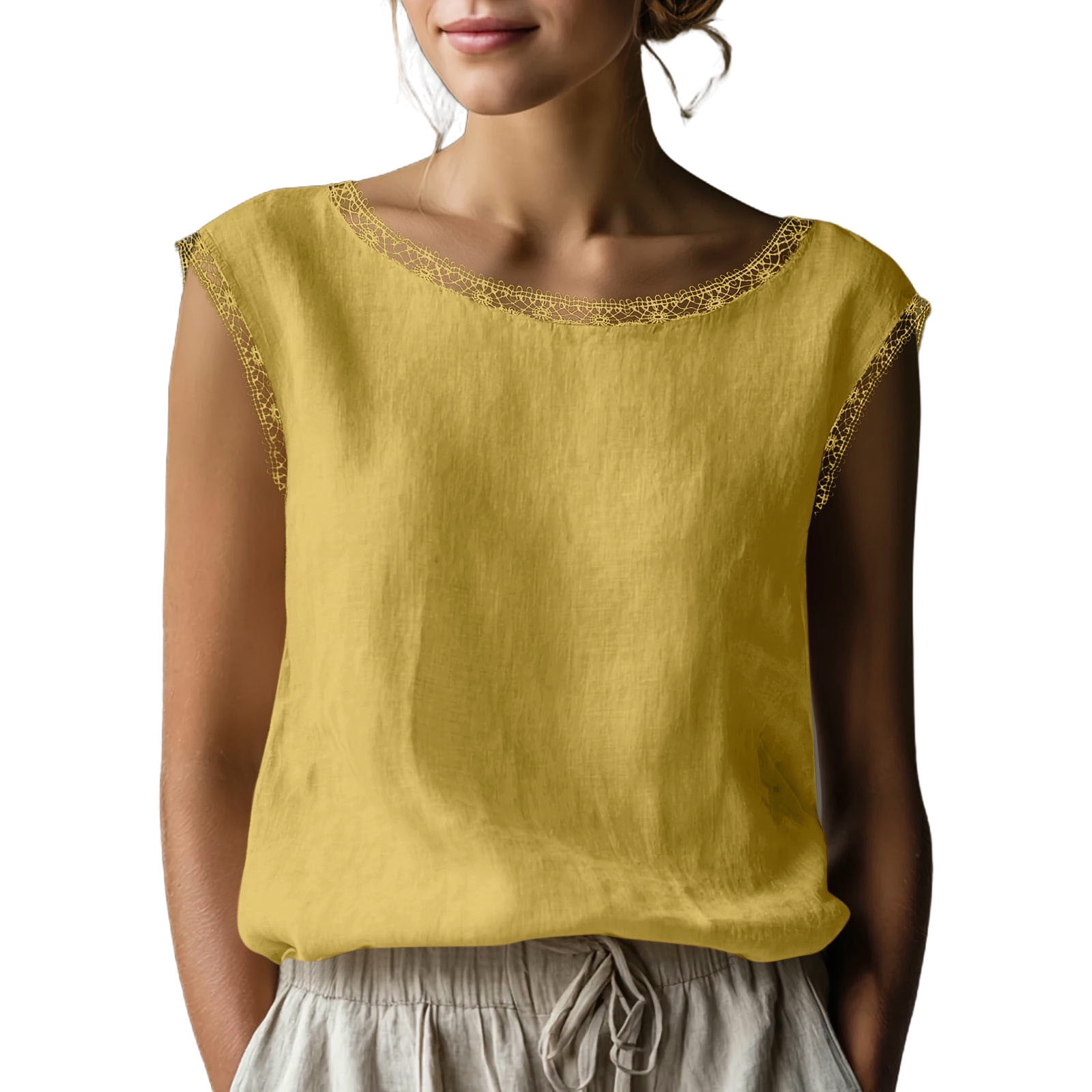 Admvng Lace Linen Tops for Women Round Neck Sleeveless Solid Summer ...