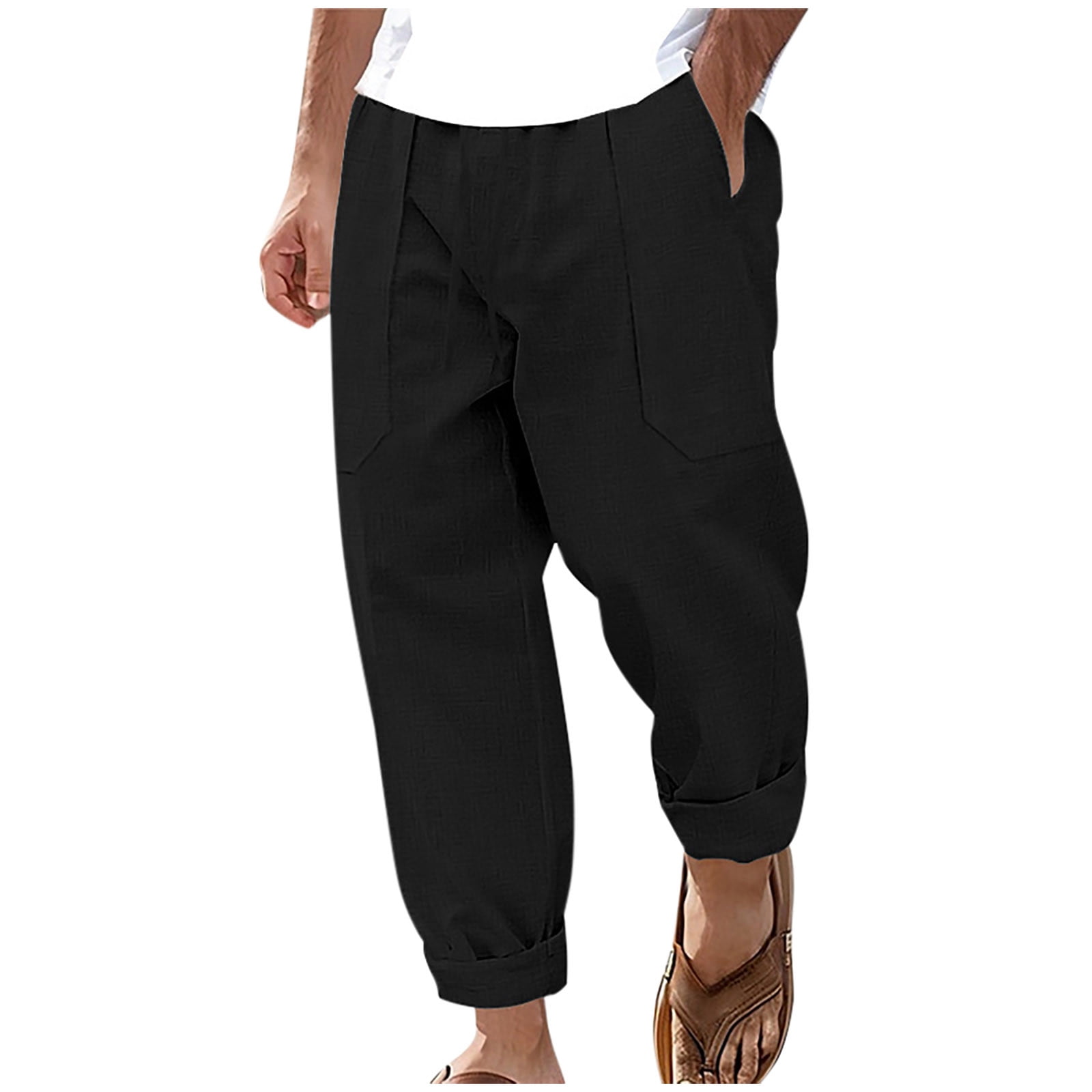 Admvng Linen Pants Men Leisure Solid Color Button Elastic Waist ...