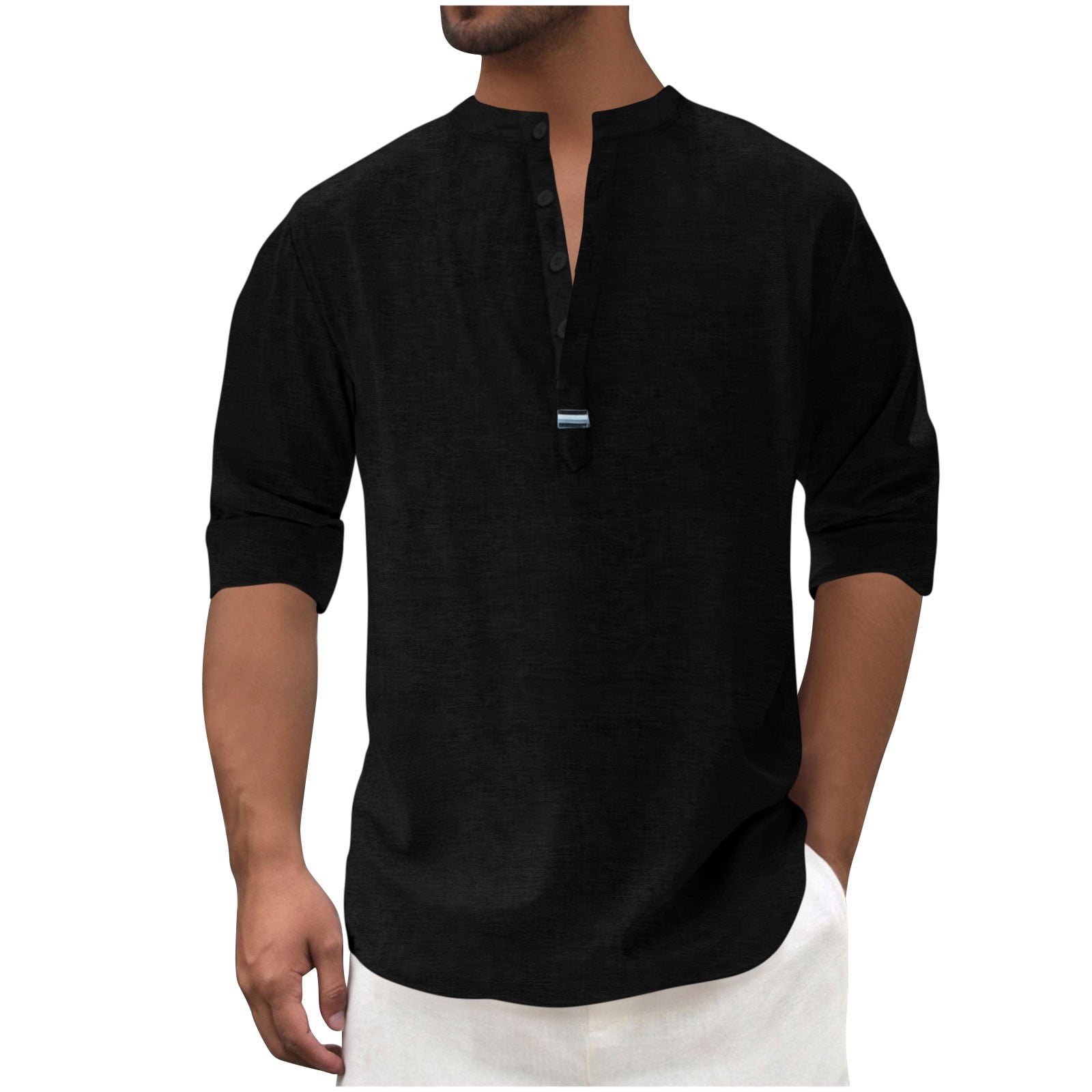 Admvng Linen Shirts for Men Casual Solid Long Sleeve Button Stand ...