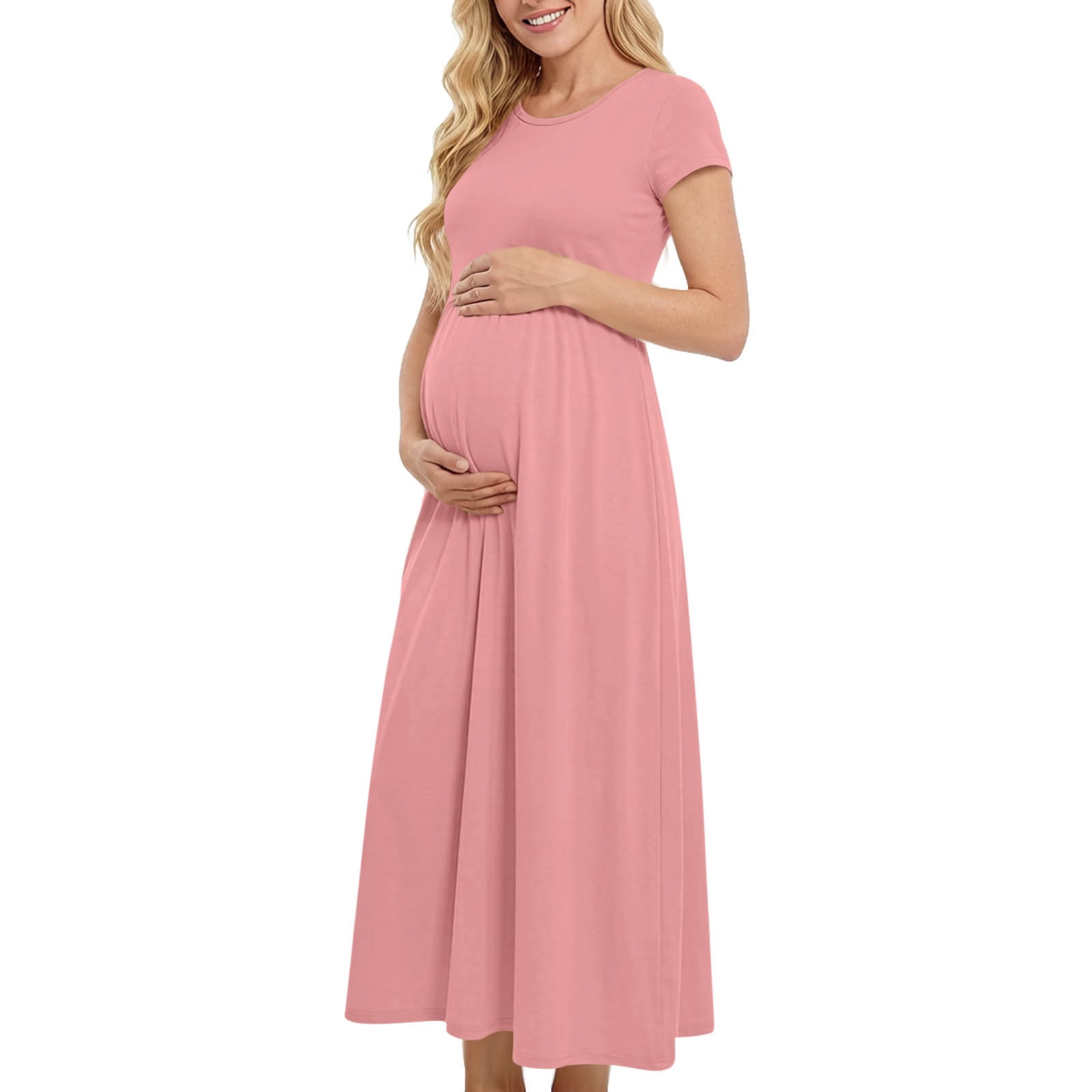 Admvng Maternity Maxi Dress Short Sleeve Empire Waist A-Line Pregnancy ...