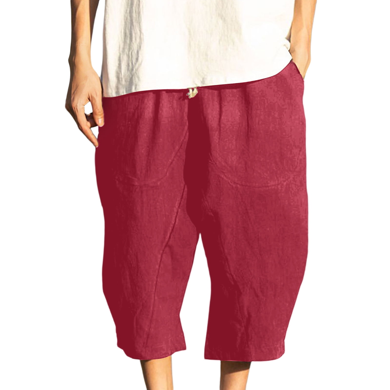 Admvng Mens Linen Harem Capri Pants Big & Tall Elastic Drawstring Waist ...