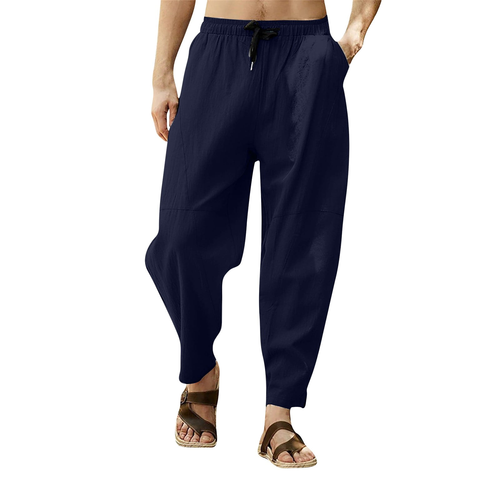 Admvng Mens Pants Plus Size Casual Solid Color and Linen Drawstring Hip ...