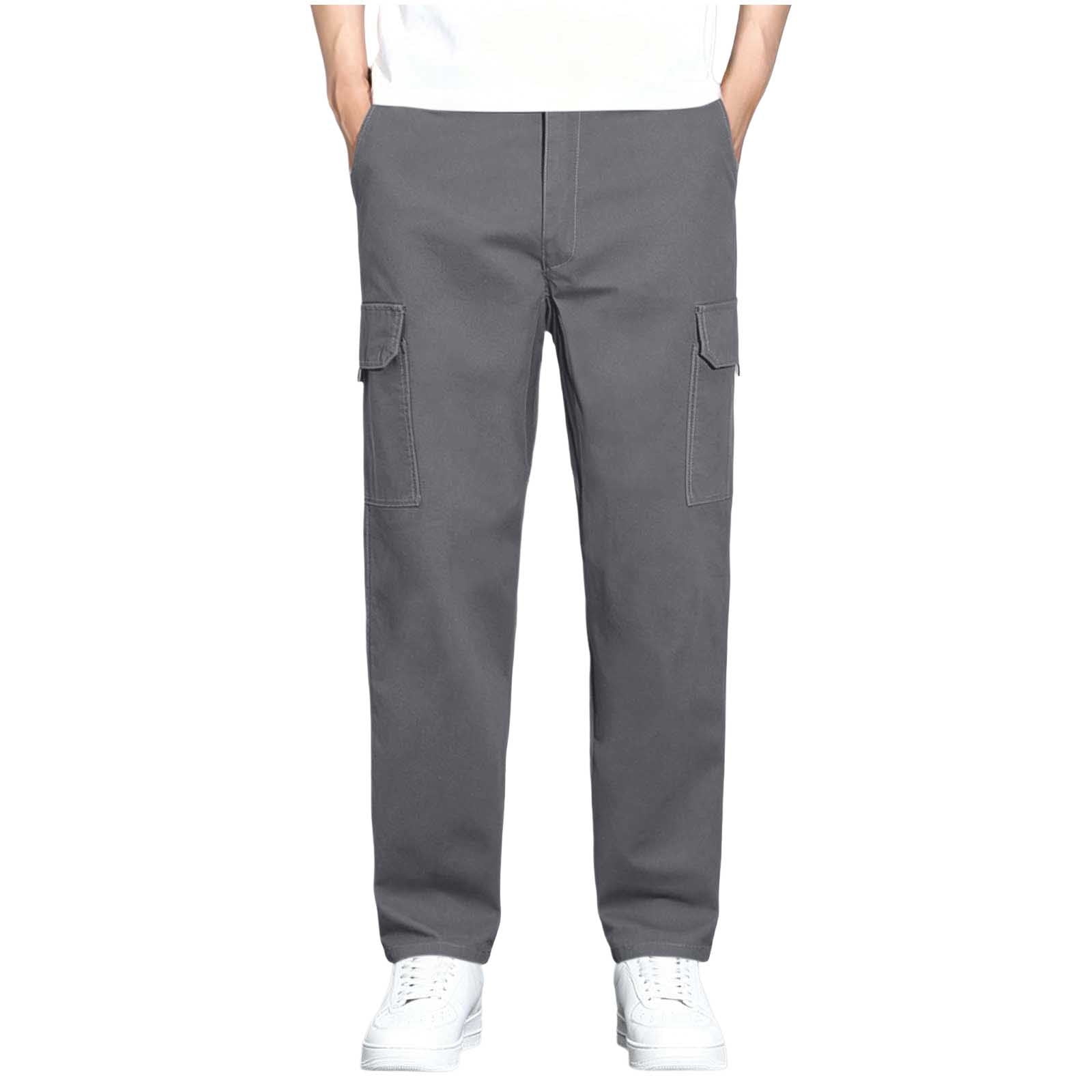 Admvng Mens Pants Solid Pockets Button Waist Comfy Everyday Cargo Pants ...