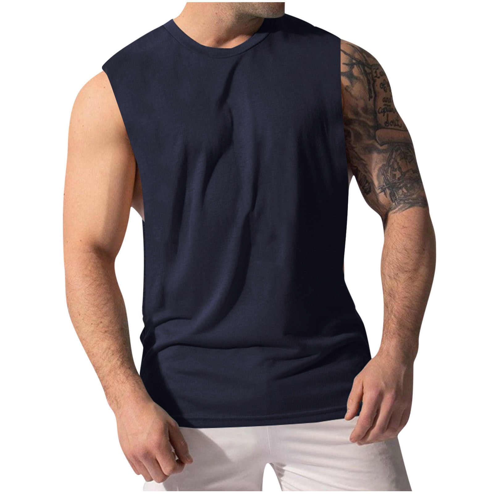Admvng Mens Shirts Side Split Waistband Sleeveless Fitness Round Neck ...