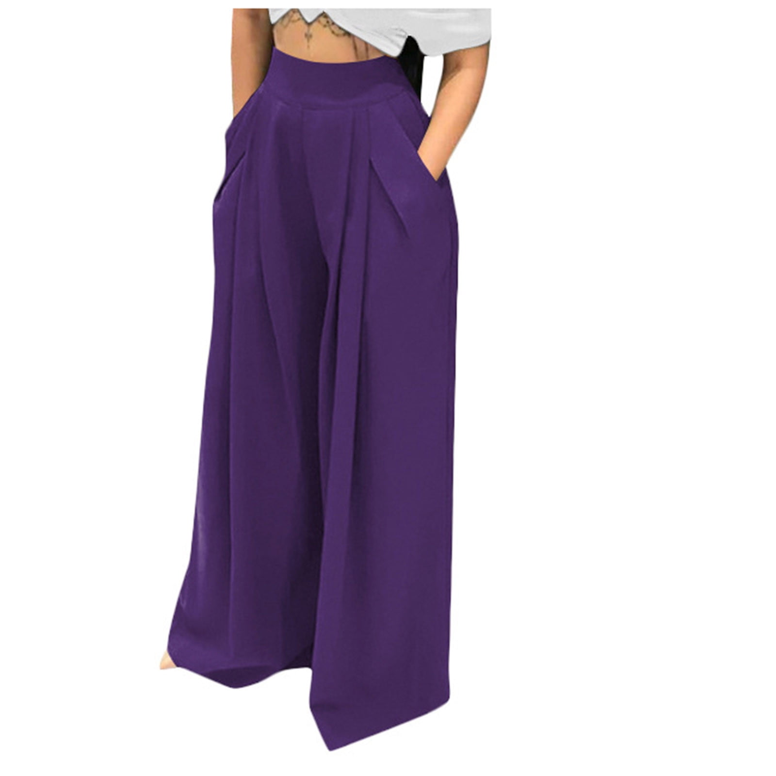 Admvng Pants for Women's Wide Leg Elastic Waist Pockets Casual Office ...