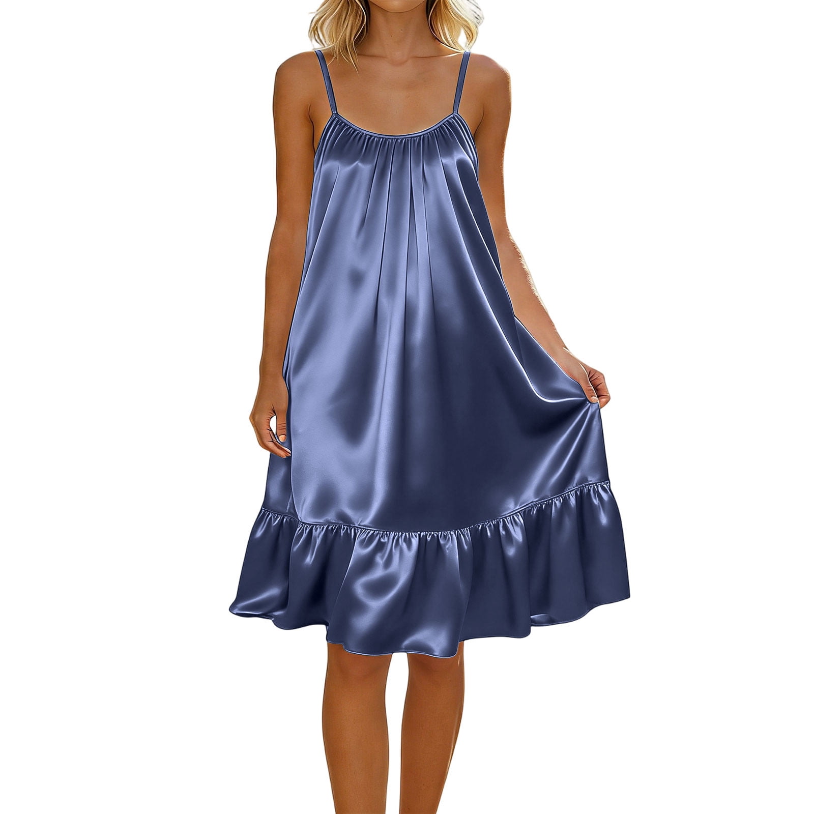 Admvng Satin Dress for Women Round Neck Backless Casual Summer Ruffle ...