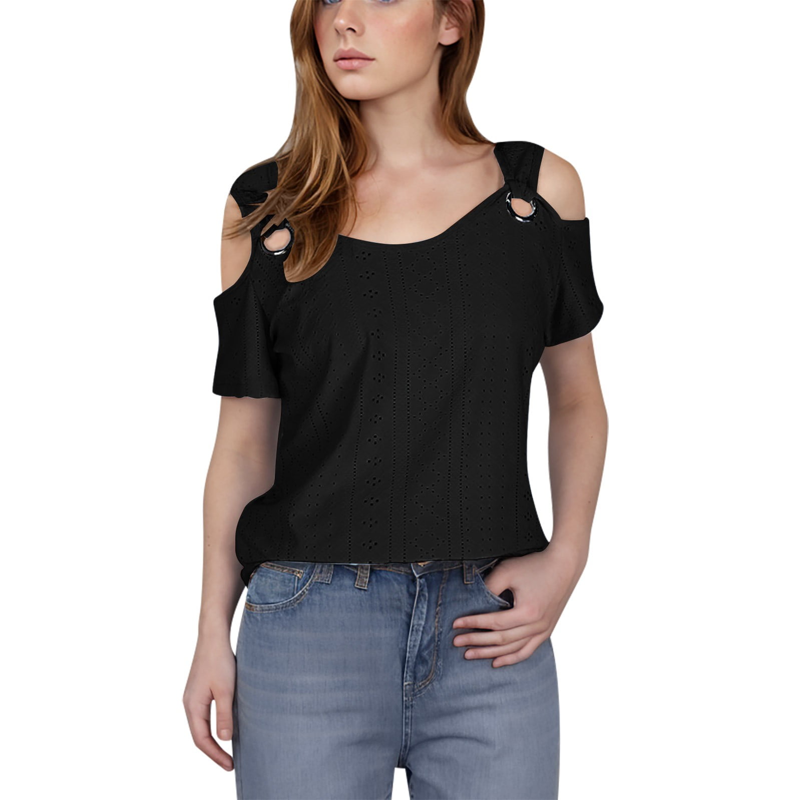 Admvng Shirts for Women Casual Solid Color Cold Shoulder Eyelet ...